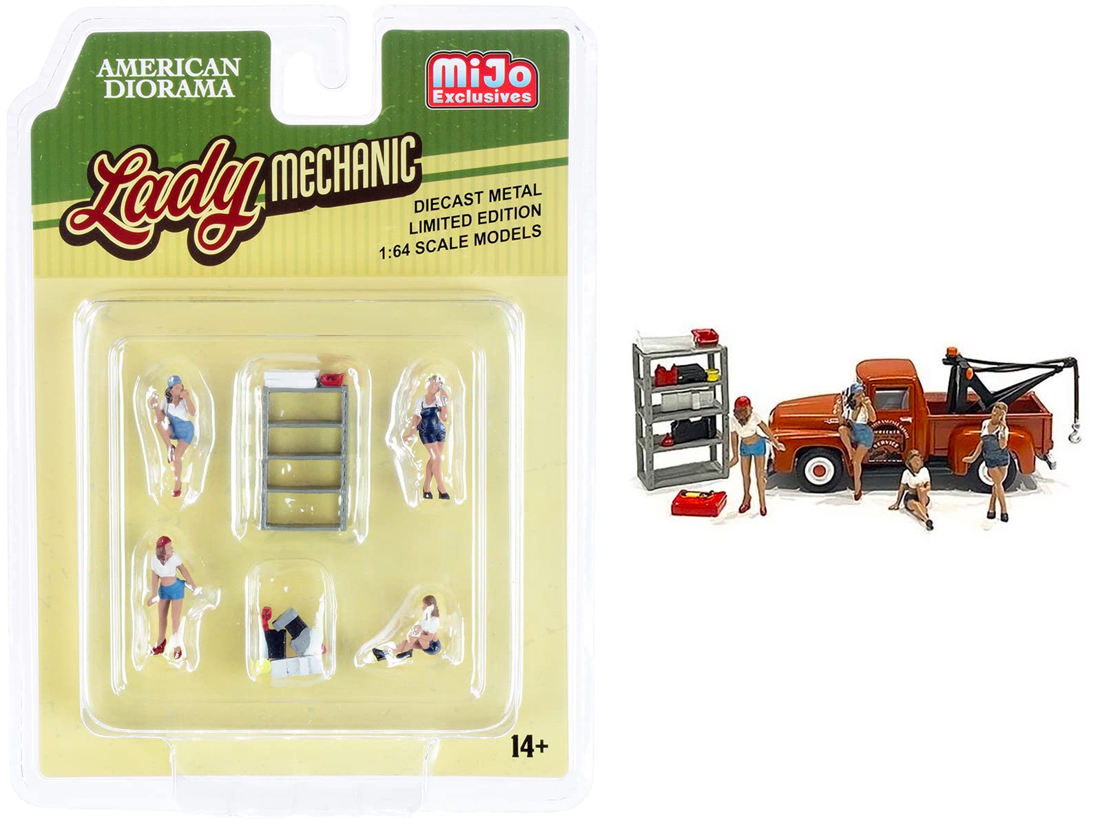 Lady Mechanic 6 Piece Diecast Set (4 Figurines and 2 Accessories) for 1/64 Scale Models by American Diorama 76484