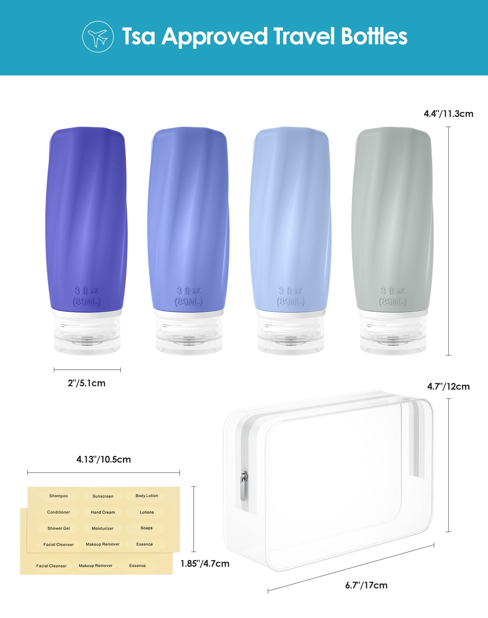 Morfone Travel Bottles for Toiletries, 3oz TSA Approved Travel Size Containers Leak Proof Squeezable Travel Accessories Refillable for Shampoo Conditioner Lotion Liquids(Blue)