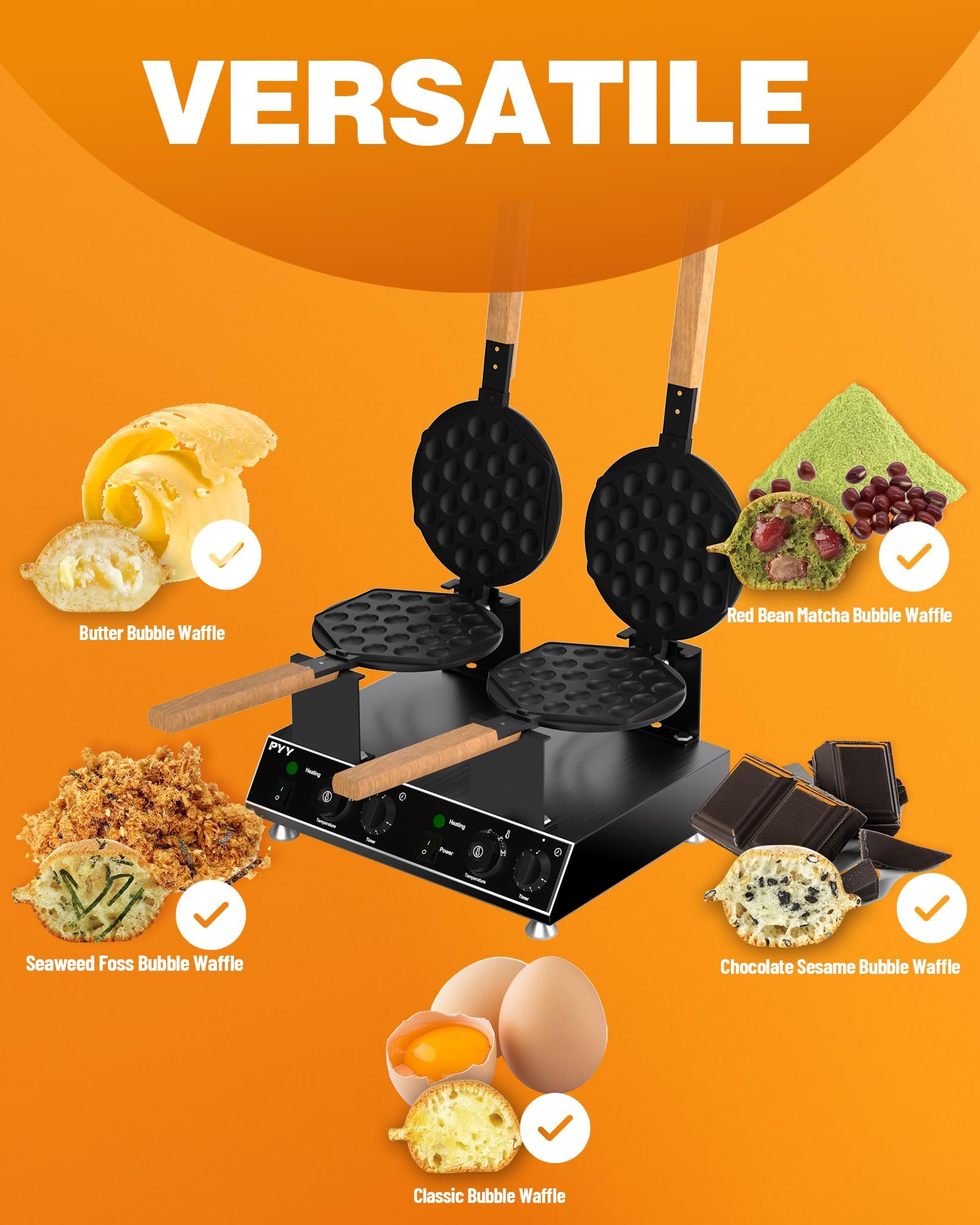 PYY Double Bubble Waffle Maker Commercial Waffle Maker Non-stick Hong Kong Egg Waffle Maker for Home Use Stainless Steel Pancake Maker 180° rotate, 1500W 110V Electric Cone Maker 122-482℉