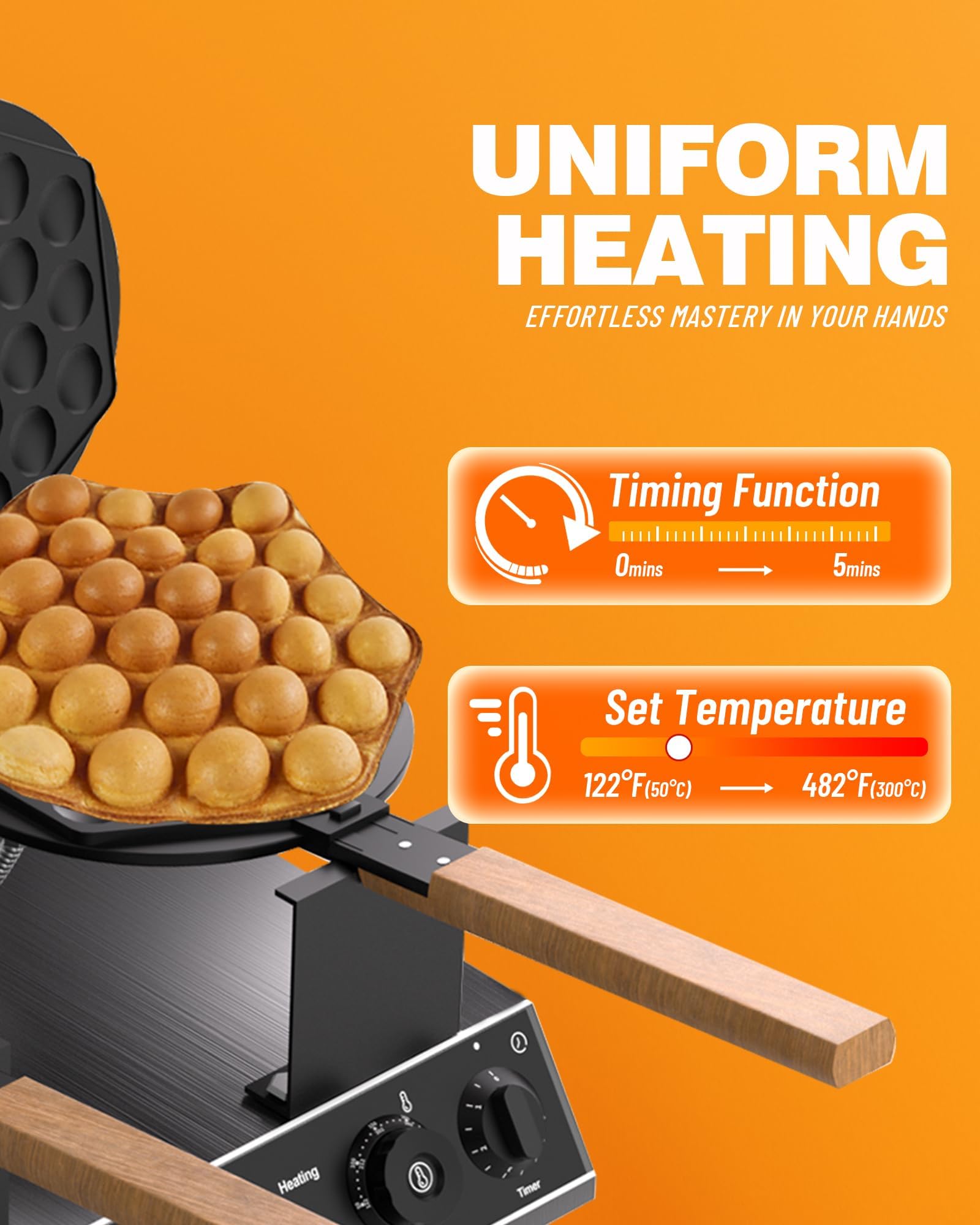 PYY Double Bubble Waffle Maker Commercial Waffle Maker Non-stick Hong Kong Egg Waffle Maker for Home Use Stainless Steel Pancake Maker 180° rotate, 1500W 110V Electric Cone Maker 122-482℉