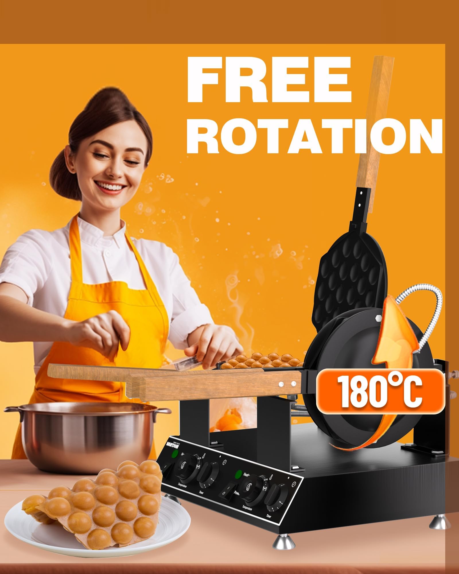 PYY Double Bubble Waffle Maker Commercial Waffle Maker Non-stick Hong Kong Egg Waffle Maker for Home Use Stainless Steel Pancake Maker 180° rotate, 1500W 110V Electric Cone Maker 122-482℉