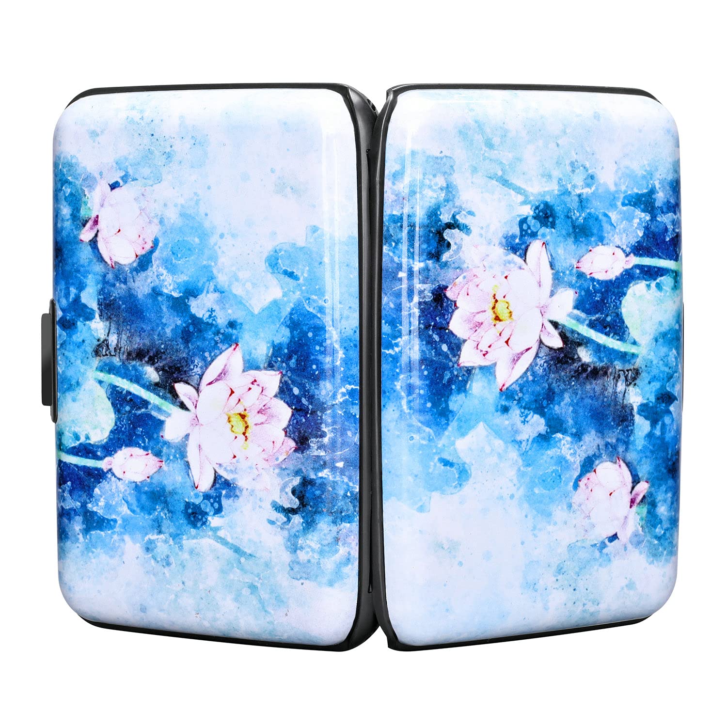 ELFISH Mini RFID Aluminum Wallet Credit Cards Holder Business Card Case Metal ID Case for Men Women (Blue Lotus)