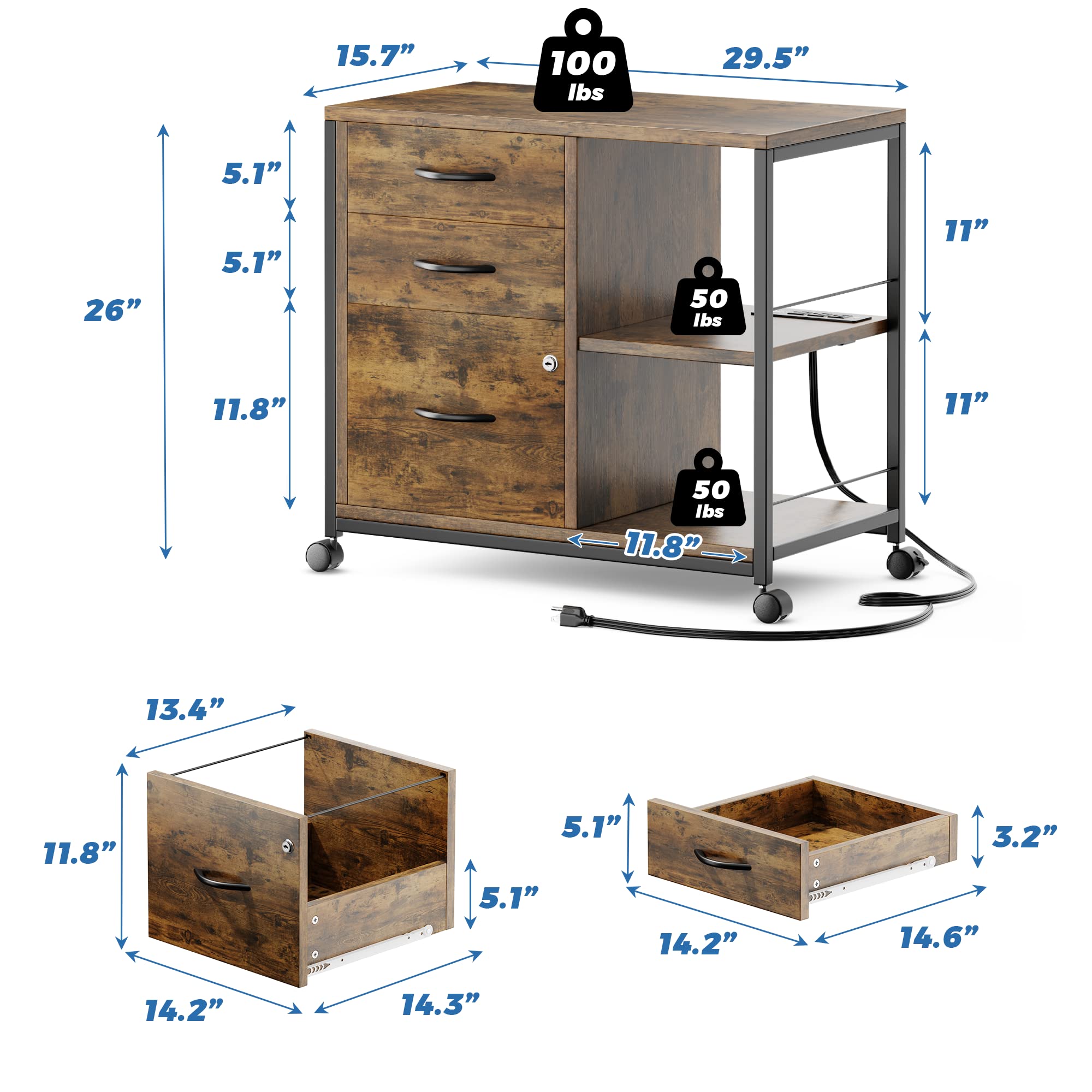 Himusi 3 Drawer Wood File Cabinet with Socket and USB Charging Ports for Home Office, Rolling Lateral Filing Cabinet with Locking Drawer for A4/Letter Size, Printer Stand with Storage, Rustic