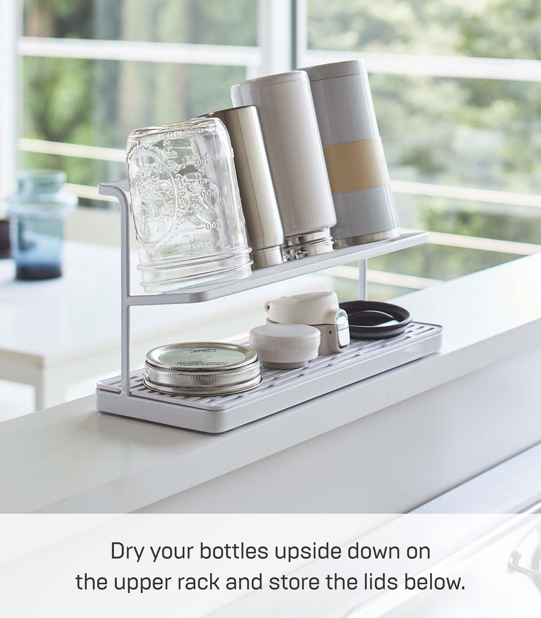 Yamazaki Home Countertop Two Tier Bottle Drying Rack, Wide Jug Storage Stand with Drainage Tray for Kitchen Counter for Glass Metal Or Plastic Bottles, Steel, No Assembly Req.