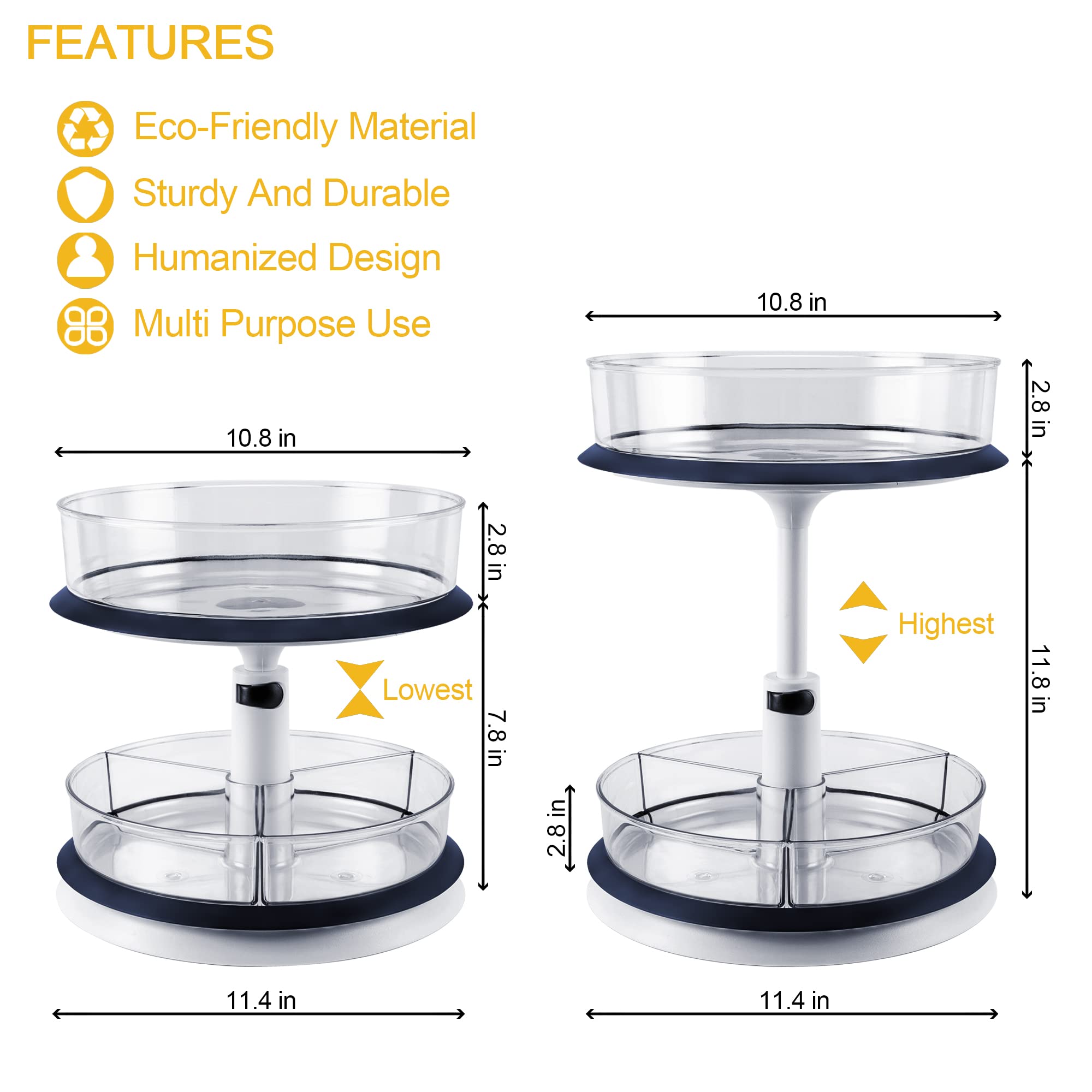 2 Tier Lazy Susan Turntable Organizer, 11 Inches Height Adjustable Spice Rack for Kitchen Cabinet, Countertop, Bathroom, Makeup, Pantry Organization and Storage with 4 Removable Bins