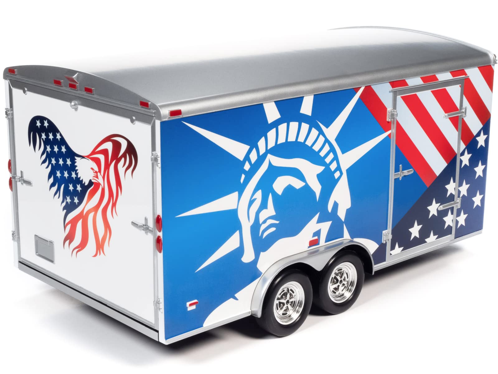 Auto World Diecast Four Wheel Enclosed Car Trailer Patriotic with Graphics for 1/18 Scale Model Cars by Autoworld AMM1284