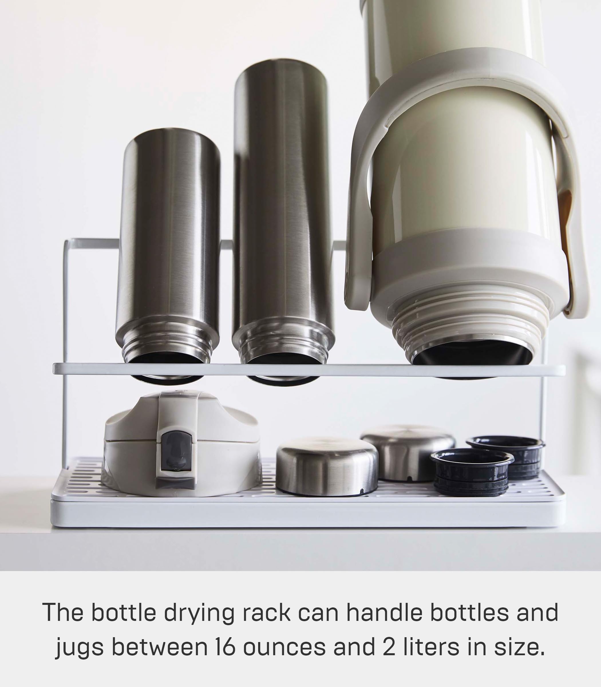 Yamazaki Home Countertop Two Tier Bottle Drying Rack, Wide Jug Storage Stand with Drainage Tray for Kitchen Counter for Glass Metal Or Plastic Bottles, Steel, No Assembly Req.