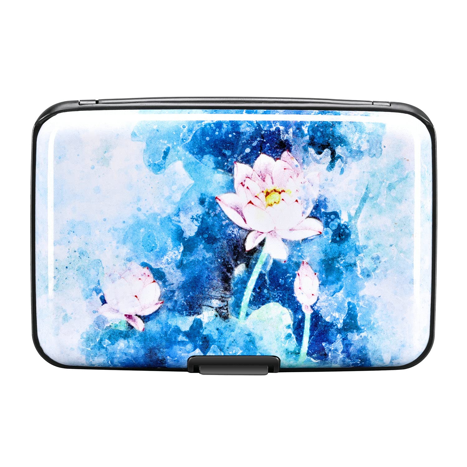 ELFISH Mini RFID Aluminum Wallet Credit Cards Holder Business Card Case Metal ID Case for Men Women (Blue Lotus)