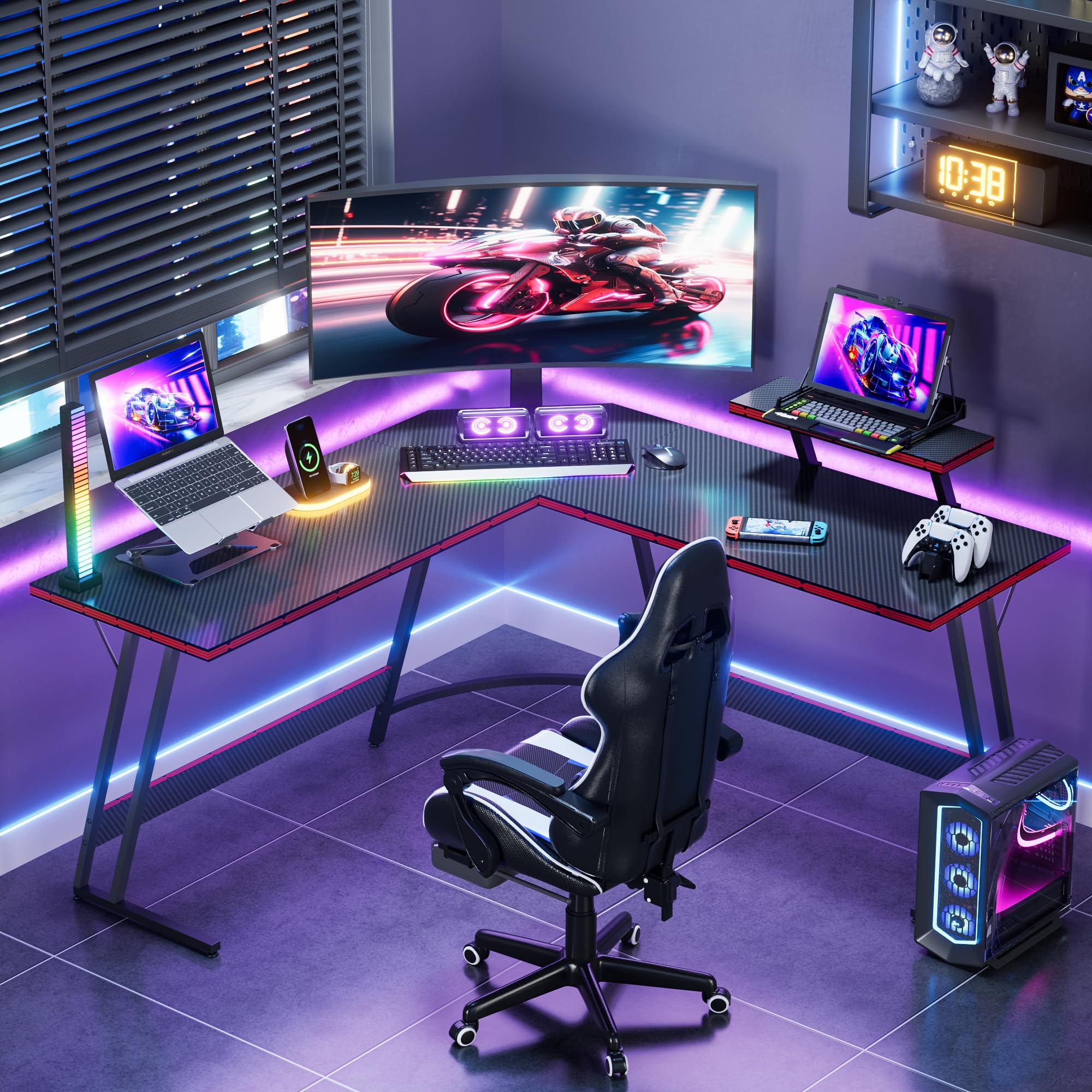 Homall L Shaped Gaming Desk Computer Corner Desk Pc Gaming Desk Table with Large Monitor Riser Stand for Home Office Sturdy Writing Workstation (Black,51 Inch)