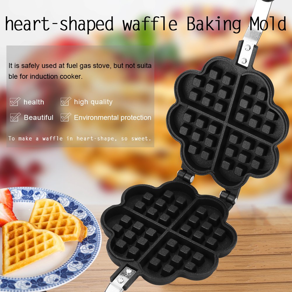 Heart Shape Cast Iron Waffle Maker, Non-stick Double Side Waffle Cake Mold Pot for Household Cafe Restaurant