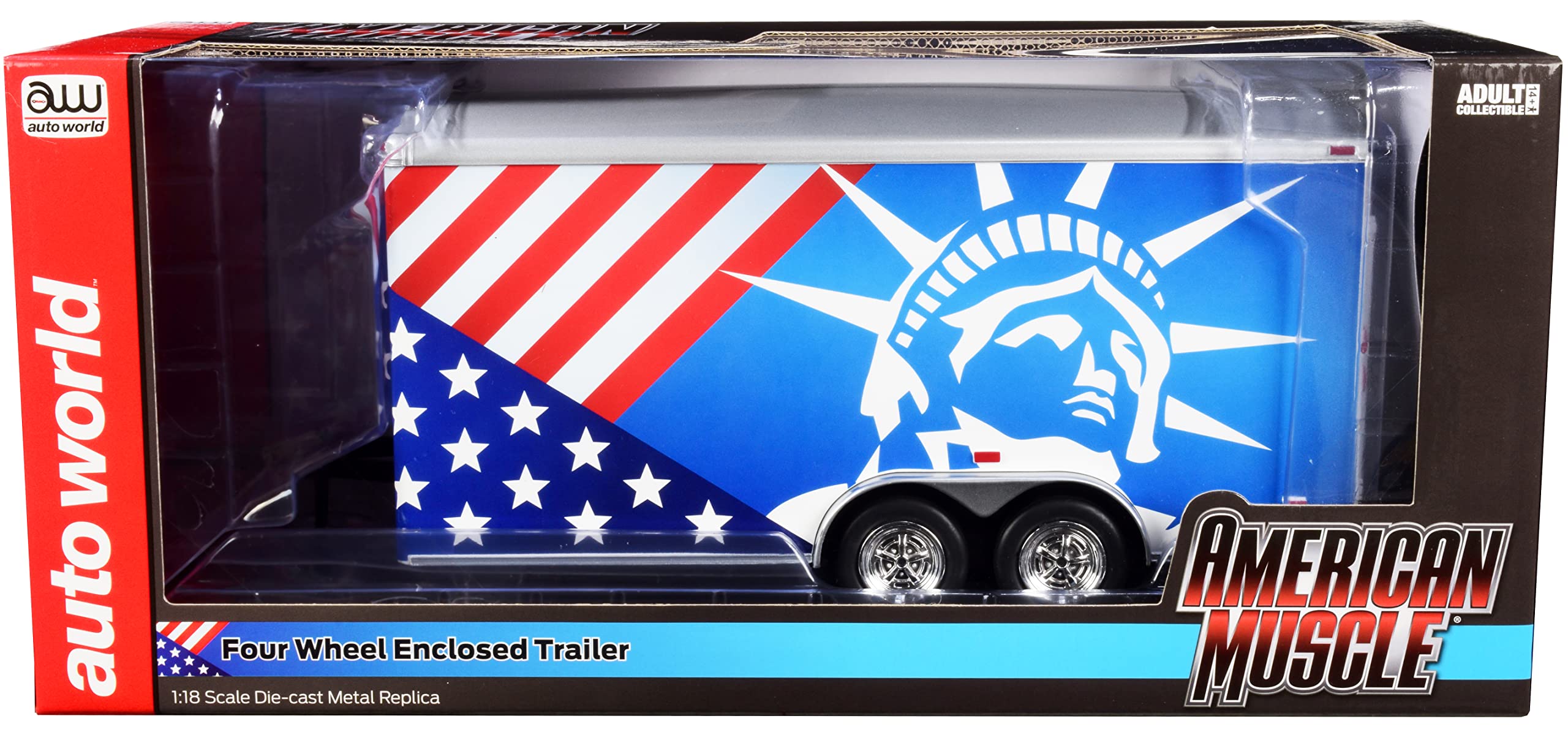 Auto World Diecast Four Wheel Enclosed Car Trailer Patriotic with Graphics for 1/18 Scale Model Cars by Autoworld AMM1284