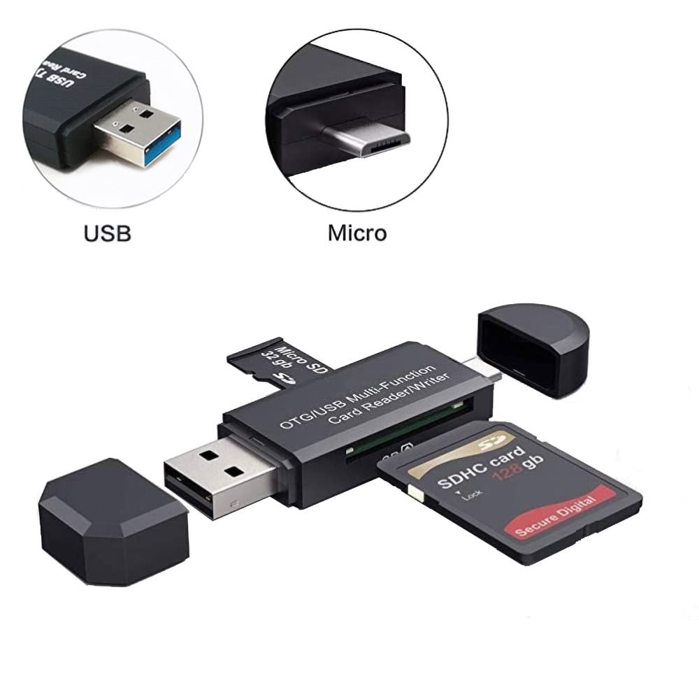Micro USB OTG/USB 2.0 Card Reader Adapter, SD/Micro SD Memory Card Reader with Standard USB Male & Micro USB Male Connector for Smartphones/Tablets with OTG Functio for SDXC, SDHC, SD, MMC, RS-MMC