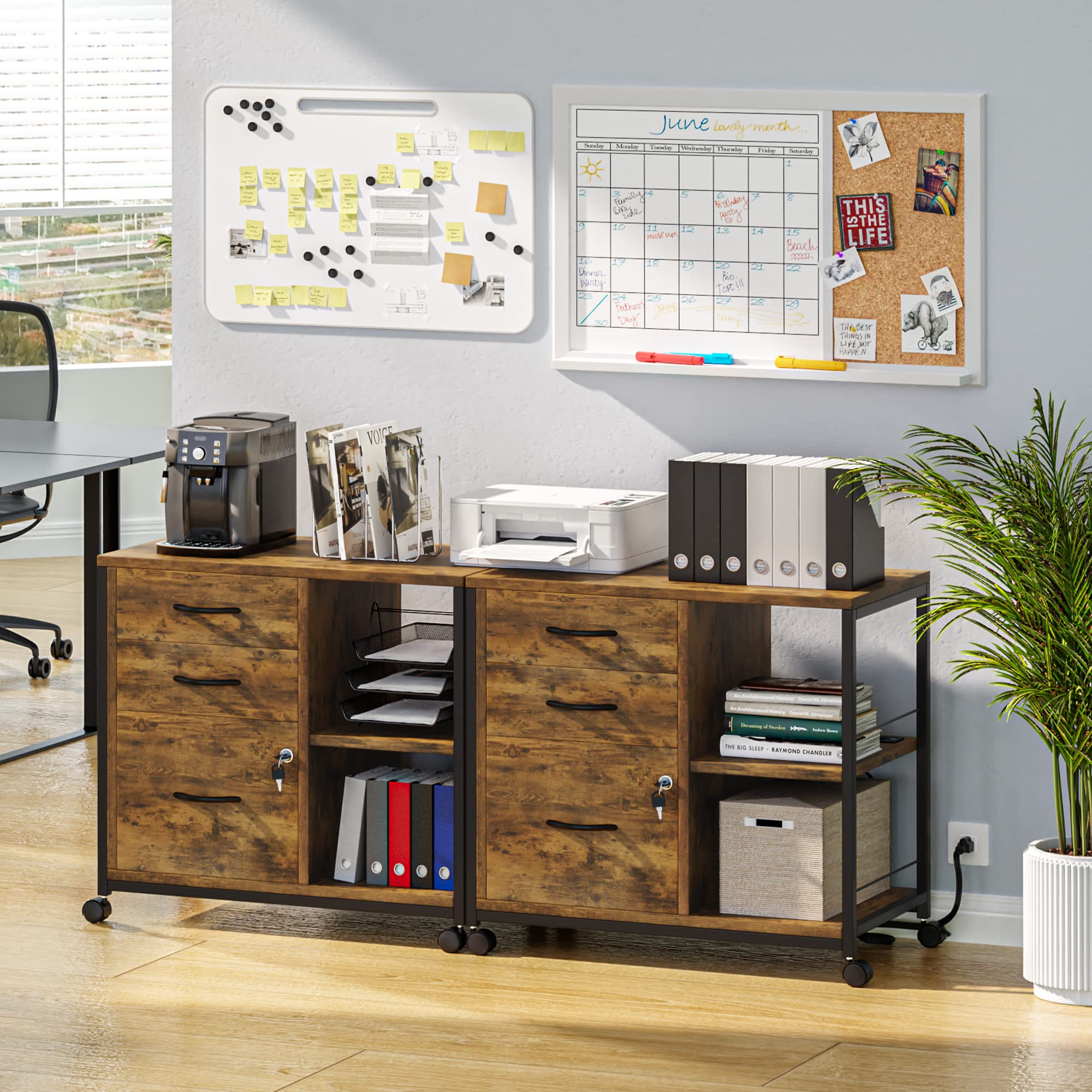 Himusi 3 Drawer Wood File Cabinet with Socket and USB Charging Ports for Home Office, Rolling Lateral Filing Cabinet with Locking Drawer for A4/Letter Size, Printer Stand with Storage, Rustic