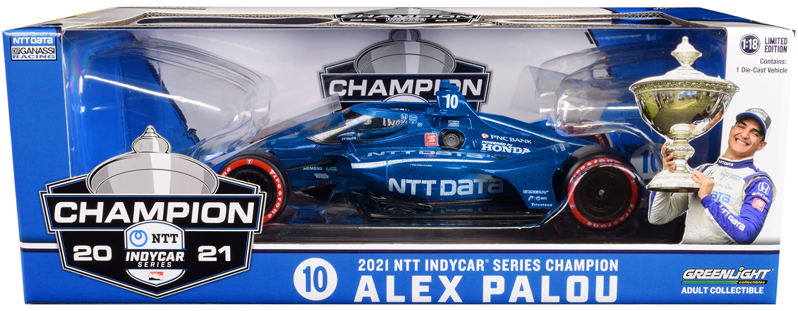 Dallara IndyCar (Raced Version) #10 Palou NTT Data Chip Ganassi Racing Champion NTT IndyCar Series (2021) 1/18 Diecast Model Car by Greenlight 11143