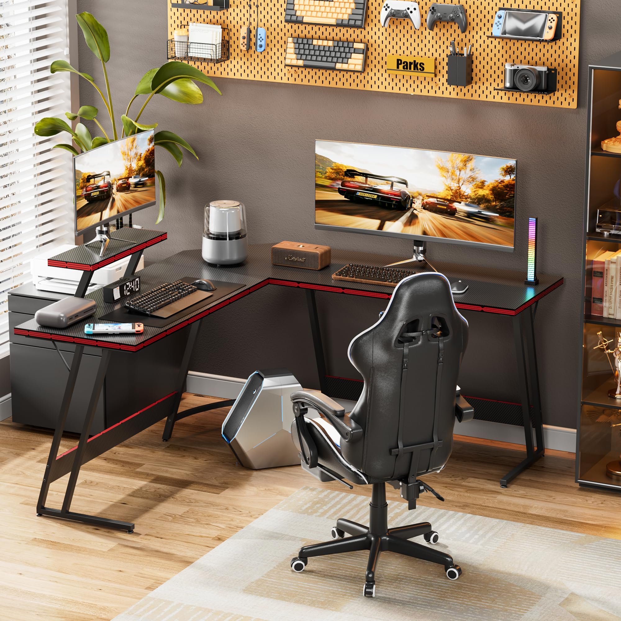 Homall L Shaped Gaming Desk Computer Corner Desk Pc Gaming Desk Table with Large Monitor Riser Stand for Home Office Sturdy Writing Workstation (Black,51 Inch)