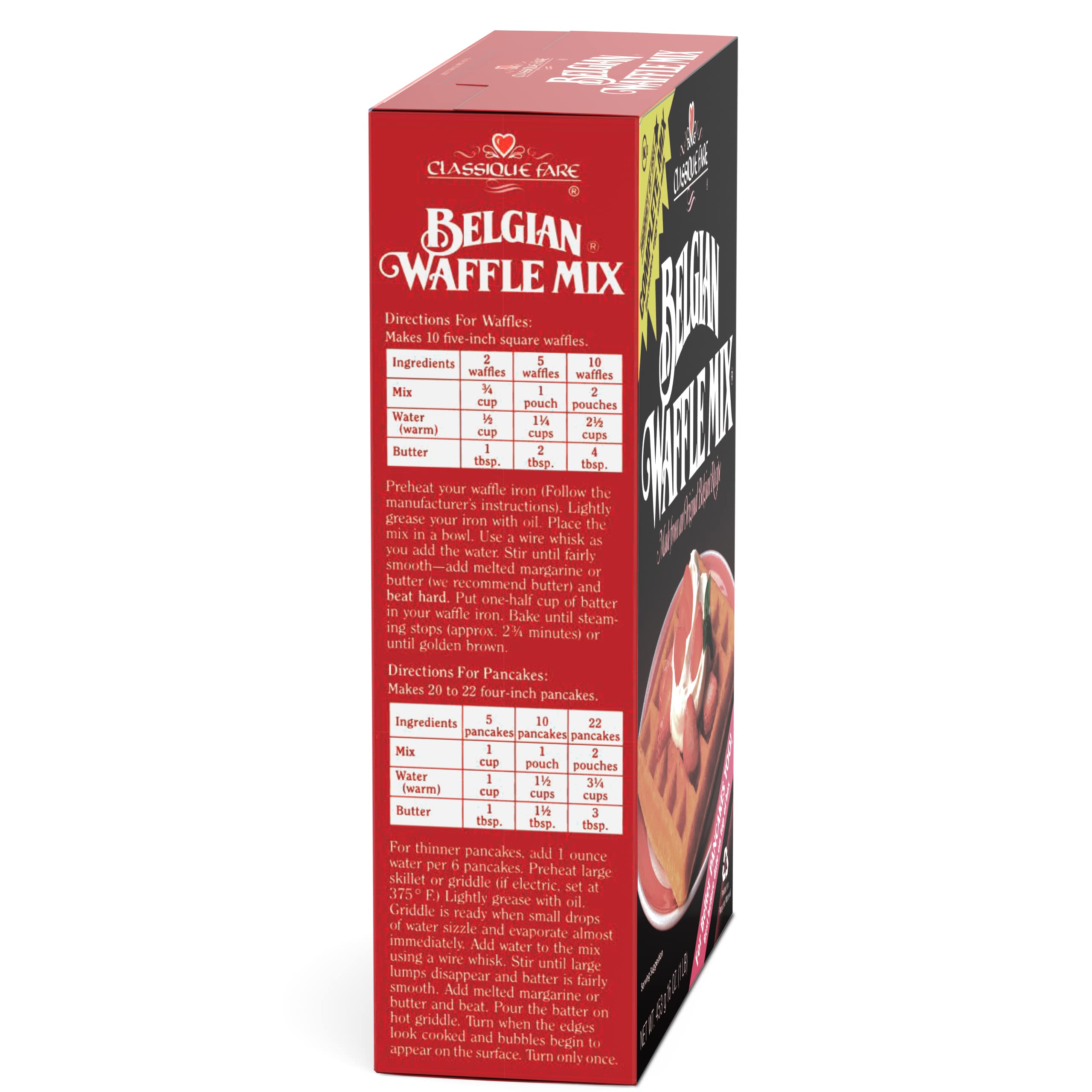 Classique Fare Belgian Waffle Mix - Makes Light and Crisp Waffles, Pancakes, Muffins & Crepes - Works with Waffle Maker - Fast and Fresh Breakfast Foods - 16 Oz Box