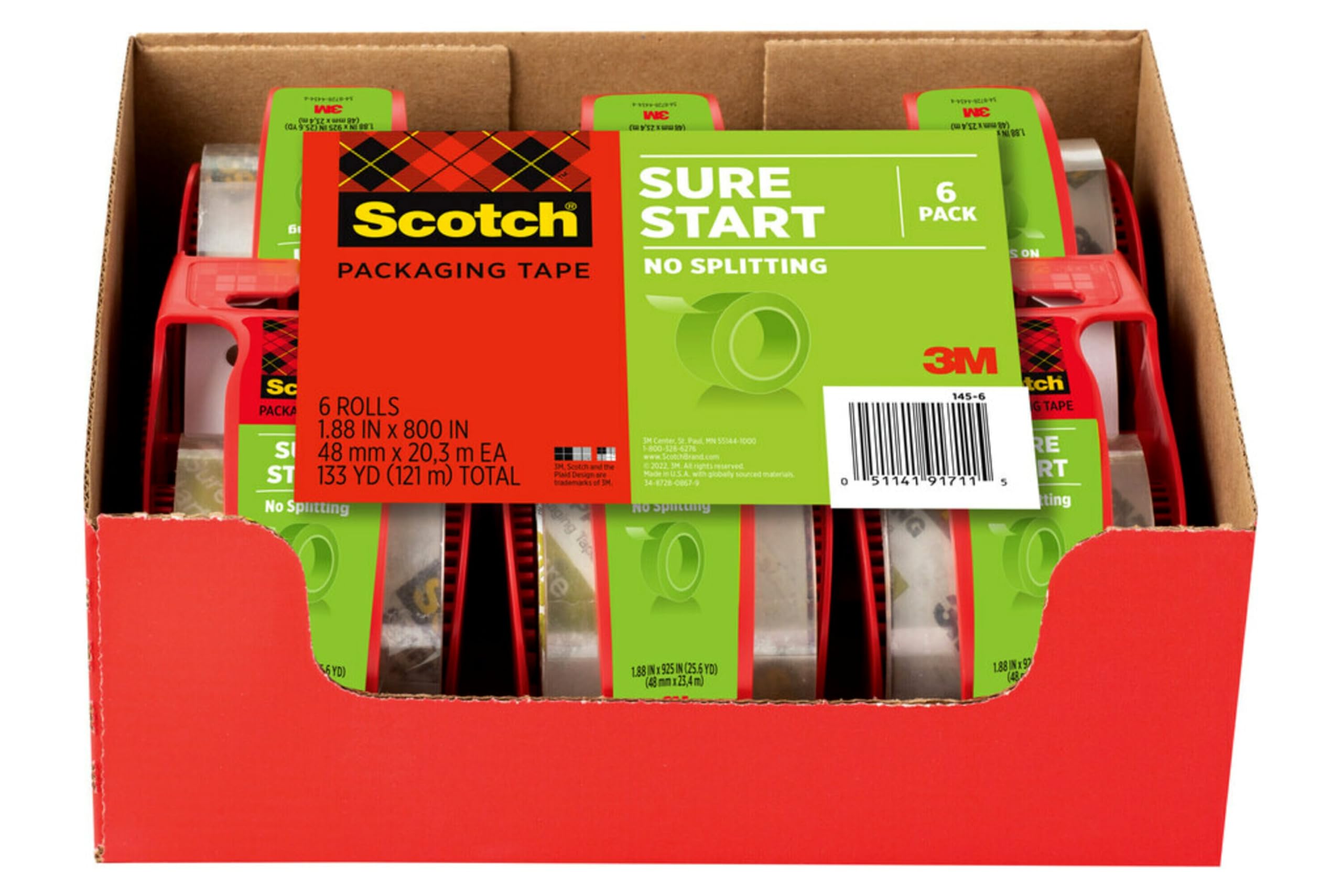 Scotch Sure Start Shipping Packaging Tape, 1.88"x 22.2 yd, Designed for Packing, Shipping and Mailing, Quiet Unwind, No Splitting or Tearing, 1.5" Core, Clear, 6 Dispensered Rolls (145-6)