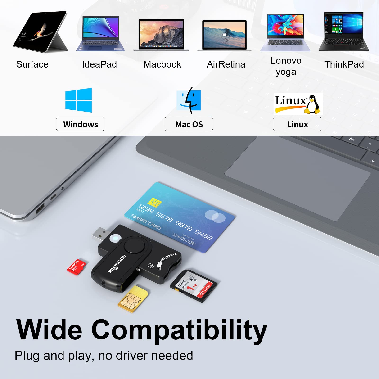 USB Multi Card Reader, 4 in 1 Memory Card Reader for SD SDXC SDHC Micro SD Micro SDXC Micro SDHC MS MMC UHS-1 SIM, DOD Military USB CAC Card Reader, CAC Reader for Mac OS, Windows, Linux