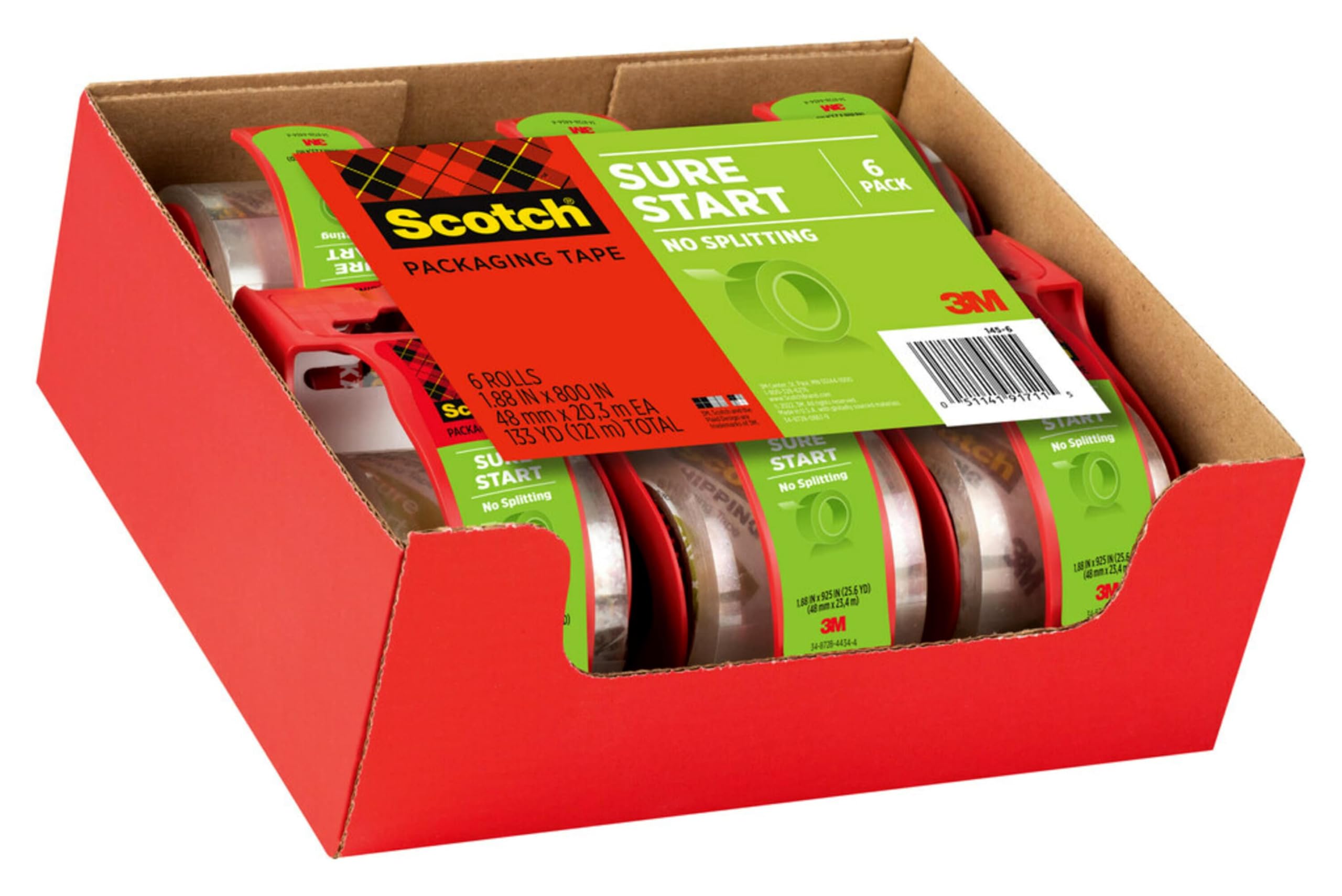 Scotch Sure Start Shipping Packaging Tape, 1.88"x 22.2 yd, Designed for Packing, Shipping and Mailing, Quiet Unwind, No Splitting or Tearing, 1.5" Core, Clear, 6 Dispensered Rolls (145-6)