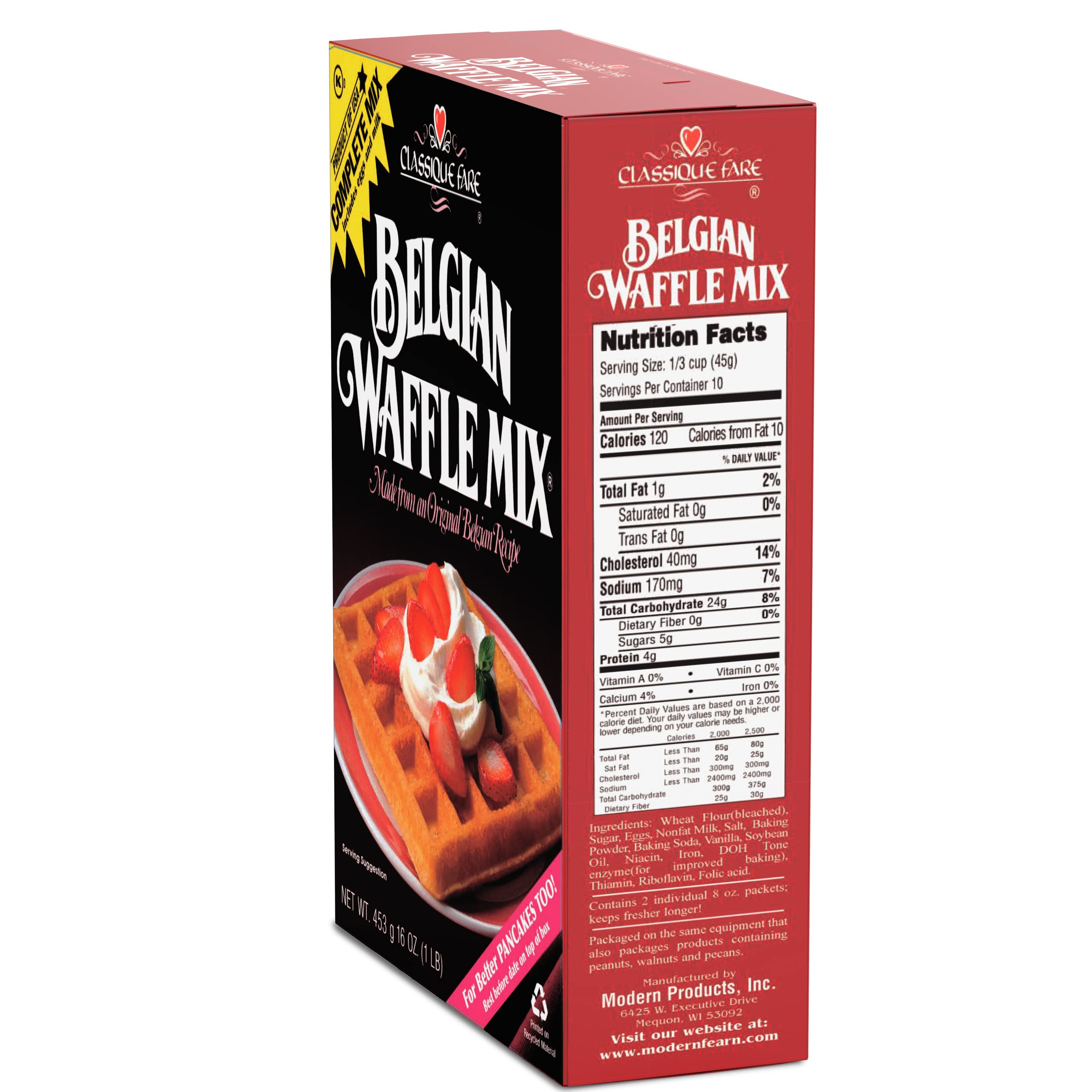 Classique Fare Belgian Waffle Mix - Makes Light and Crisp Waffles, Pancakes, Muffins & Crepes - Works with Waffle Maker - Fast and Fresh Breakfast Foods - 16 Oz Box