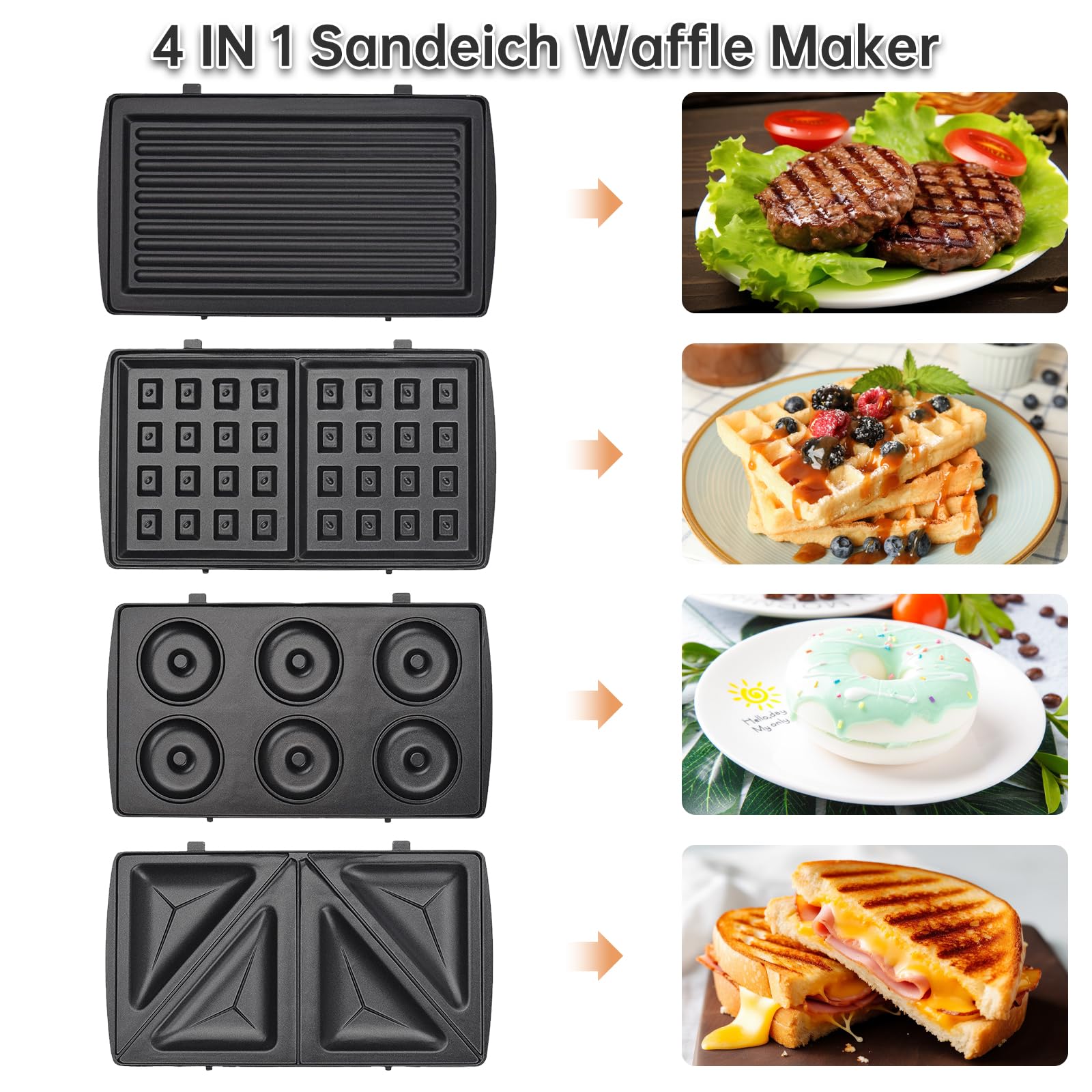 Waffle Maker 4 in 1, Mini Waffle Maker with Removable Plate, Waffle Iron Waffle Machine, Non-stick Coating 750W Double-Sided Heating, LED Indicator Lights, Cool Touch Handle, Easy to Use & Clean