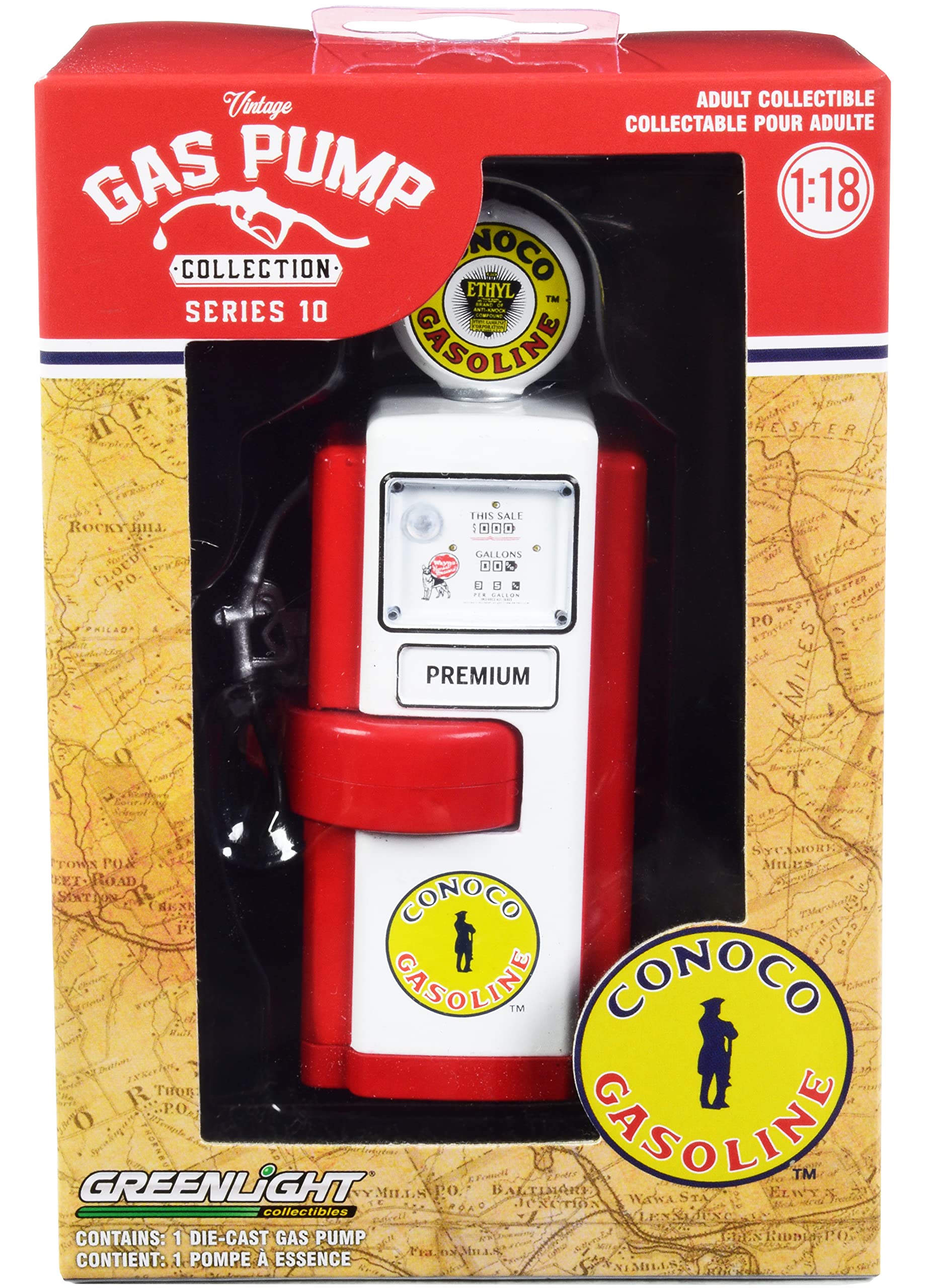 1948 Wayne 100-A Gas Pump Conoco Gasoline Red and White Vintage Gas Pumps Series 10 1/18 Diecast Model by Greenlight 14100 A