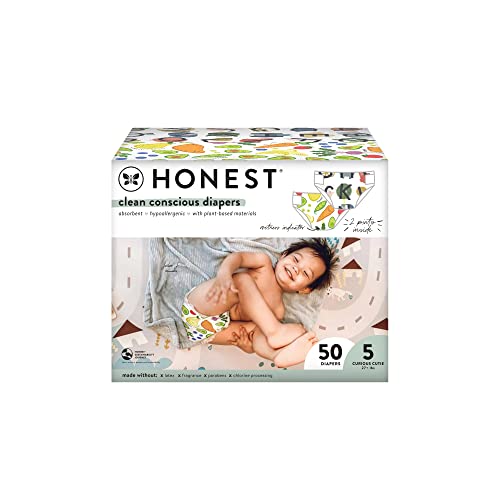 The Honest Company Clean Conscious Diapers | Plant-Based, Sustainable | So Delish + All The Letters | Club Box, Size 5 (27+ lbs), 50 Count