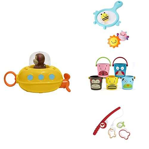 Skip Hop Bath Toy Gift Set for Toddler: Submarine Monkey, Scoop & Catch Squirties, Stack and Pour Buckets, Fishin' Fox Toy