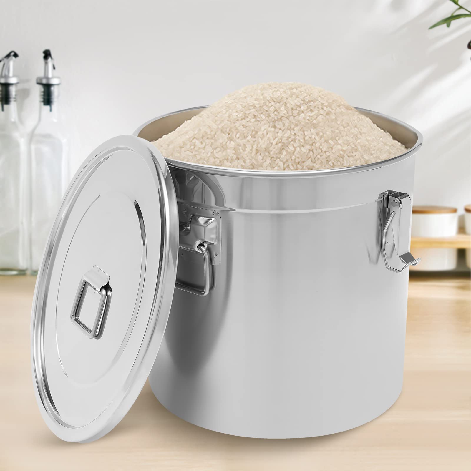 GXFCHYL Stainless Steel Airtight Canister for Kitchen, Rice Cereal Grain Canisters Container with Handles and Lid for Household Kitchen Food (33, Cylinder, 1, JJFTBLC3WDHS8-SHA)