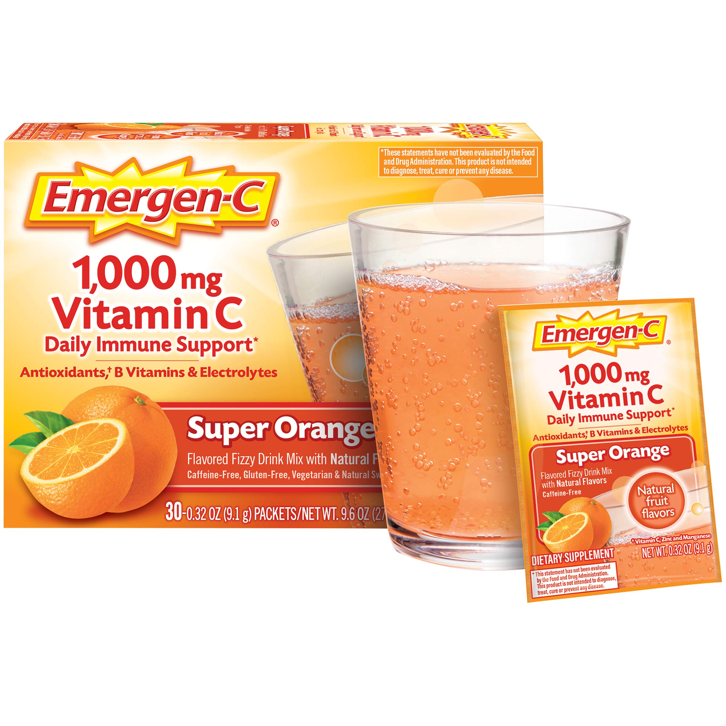 Emergen-C 1000mg Vitamin C Powder for Daily Immune Support Caffeine Free Vitamin C Supplements with Zinc and Manganese, B Vitamins and Electrolytes, Super Orange Flavor - 30 Count