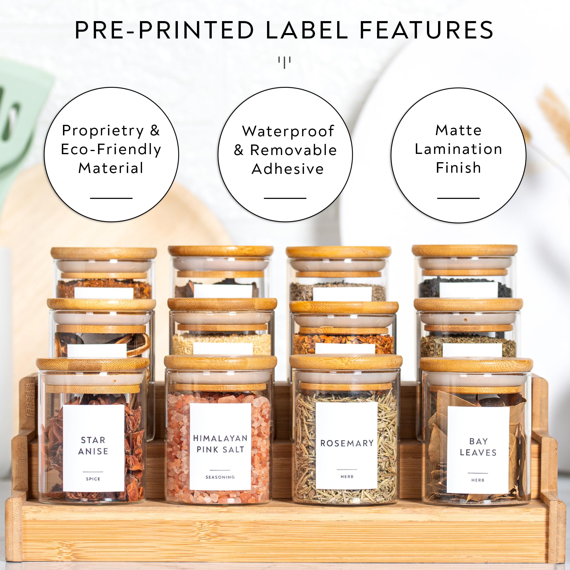 Laramaid 6oz 12Packs Glass Jars Set, Cylinder Spice Jars with Bamboo Lids and Customized Labels, Food Storage Container Canisters for Home Kitchen, Spice, Herbs, Seasoning, Seed, Tea, Sugar, Salt