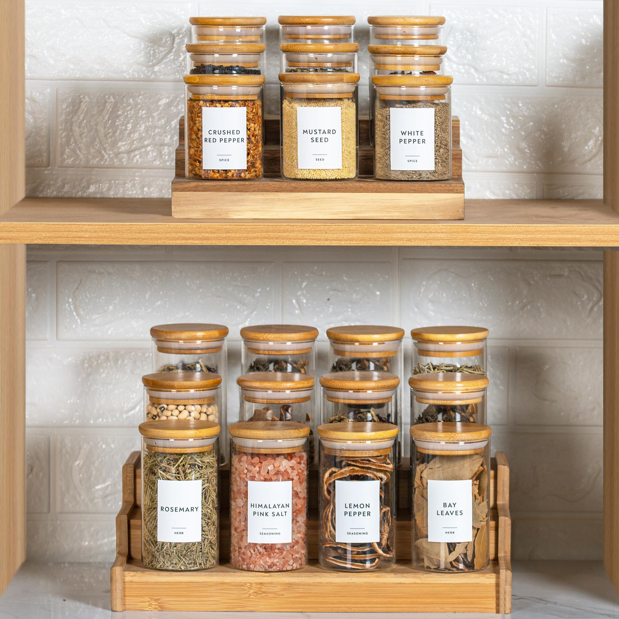 Laramaid 6oz 12Packs Glass Jars Set, Cylinder Spice Jars with Bamboo Lids and Customized Labels, Food Storage Container Canisters for Home Kitchen, Spice, Herbs, Seasoning, Seed, Tea, Sugar, Salt