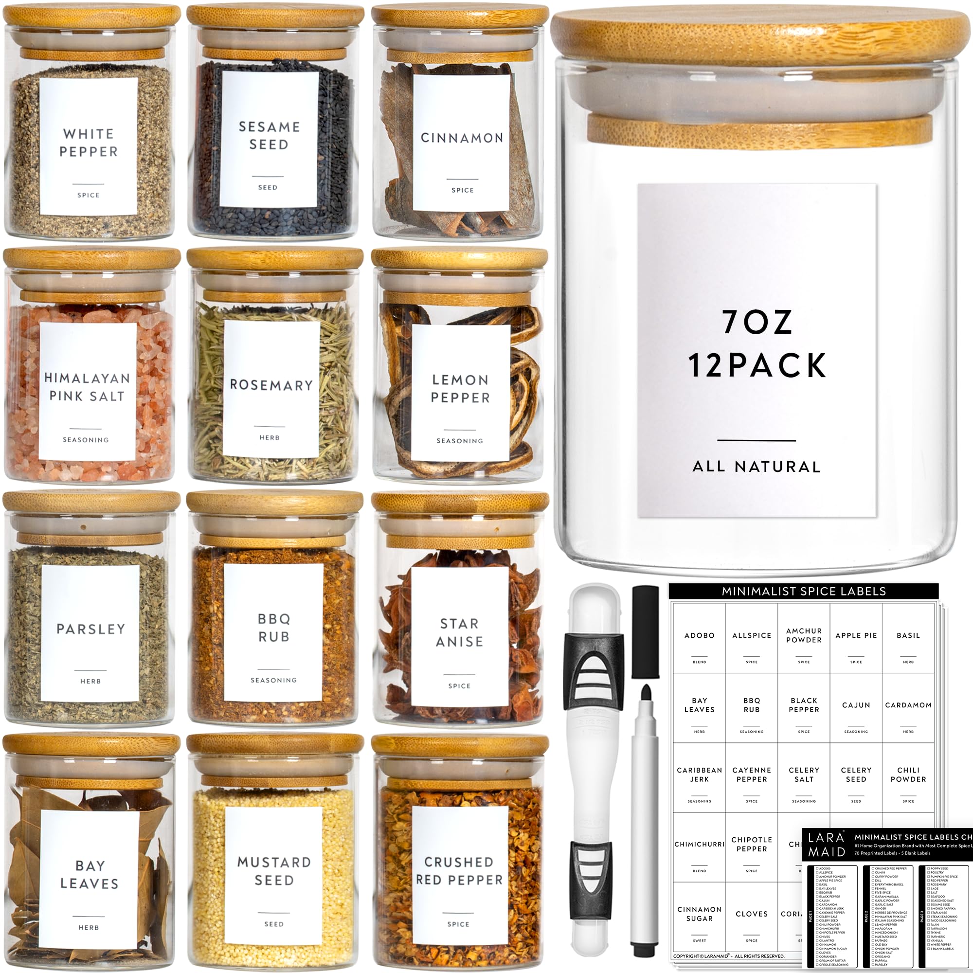 Laramaid 6oz 12Packs Glass Jars Set, Cylinder Spice Jars with Bamboo Lids and Customized Labels, Food Storage Container Canisters for Home Kitchen, Spice, Herbs, Seasoning, Seed, Tea, Sugar, Salt