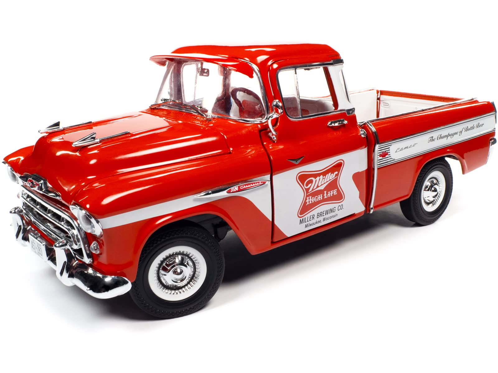 Auto World 1957 Chevy Cameo Pickup Truck Red and White 1/18 Diecast Model Car by Autoworld AW287