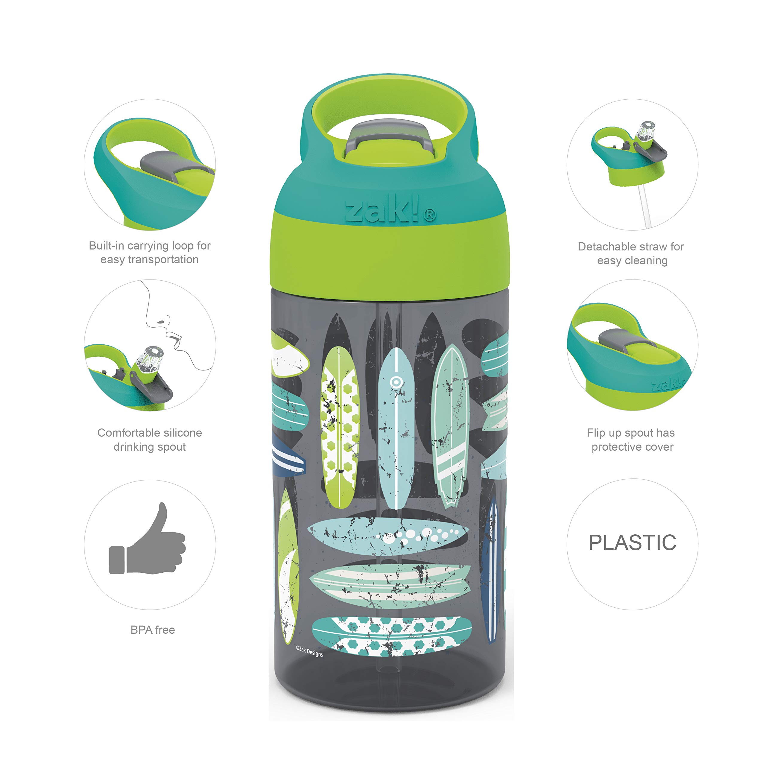 Zak Designs 16oz Riverside Beach Life Kids Water Bottle with Straw and Built in Carrying Loop Made of Durable Plastic, Leak-Proof Design for Travel, 2 count (Pack of 1)