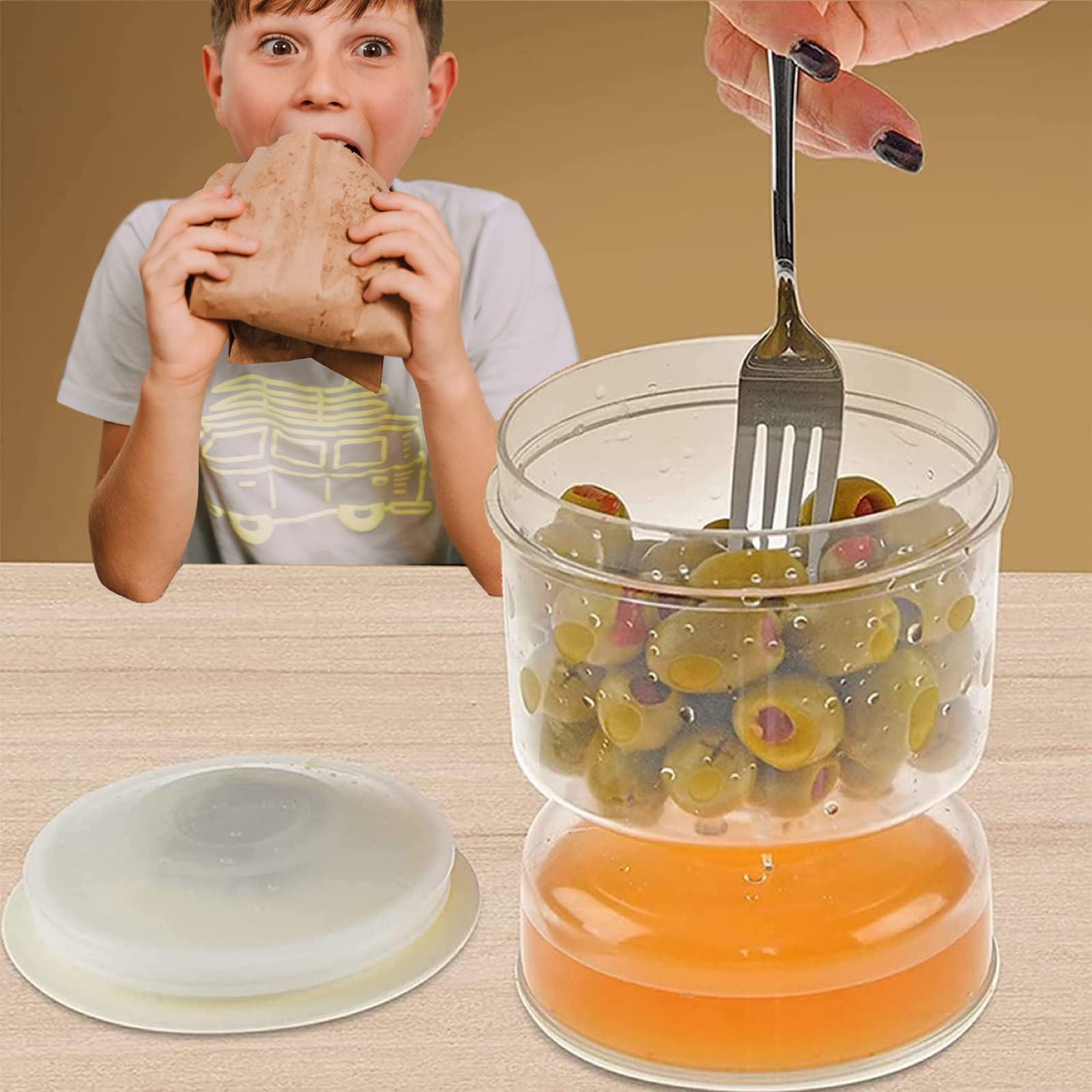 Pickle and Olives Jar Container With Strainer Flip Hourglass, Hourglass Jar Kimchi Jar Dry and Wet Separation Kitchen Pickled Cans Plastic Household Cylinder Fermentation Storage Tank(2PSC Brush)