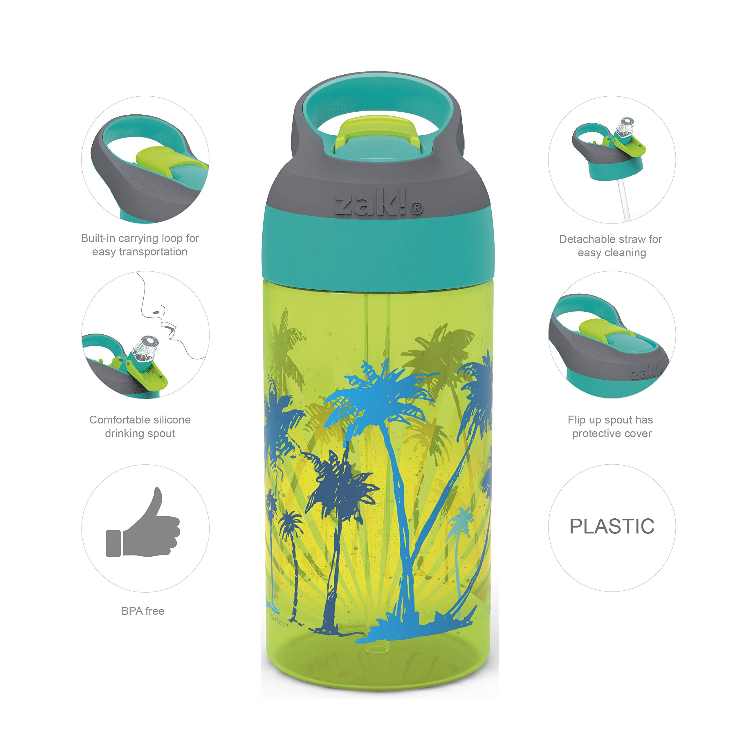 Zak Designs 16oz Riverside Beach Life Kids Water Bottle with Straw and Built in Carrying Loop Made of Durable Plastic, Leak-Proof Design for Travel, 2 count (Pack of 1)
