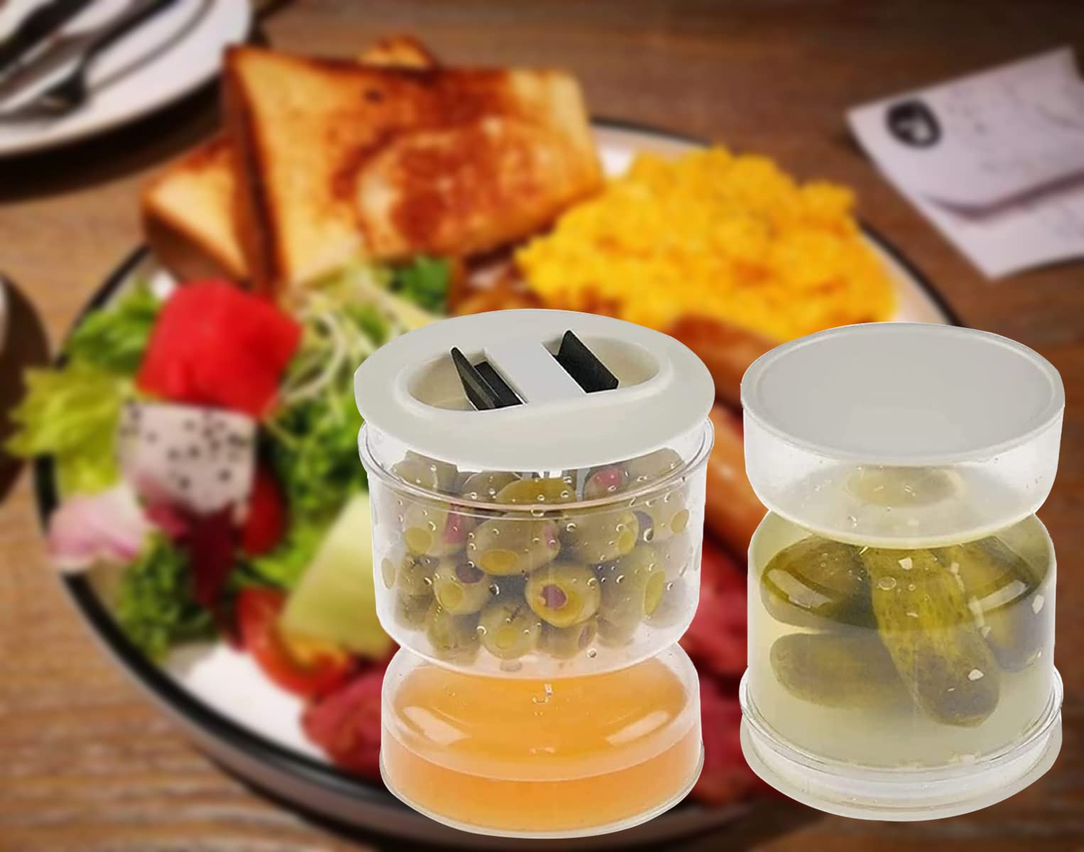 Pickle and Olives Jar Container With Strainer Flip Hourglass, Hourglass Jar Kimchi Jar Dry and Wet Separation Kitchen Pickled Cans Plastic Household Cylinder Fermentation Storage Tank(2PSC Brush)