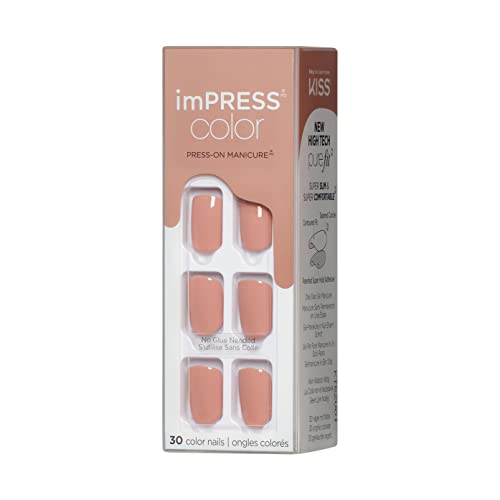 KISS imPRESS Color Press-On Nails, Gel Nail Kit, PureFit Technology, Short Length, Sandbox, Polish-Free Solid Color Manicure, Includes Prep Pad, Mini Nail File, Cuticle Stick, 30 Fake Nails