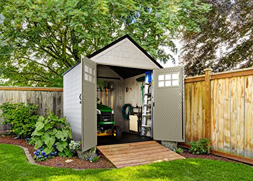 Rubbermaid Resin Weather Resistant Outdoor Storage Shed, 7 x 7 ft. , Faint Maple/Onyx/Sandstone, for Garden/Backyard/Home/Pool