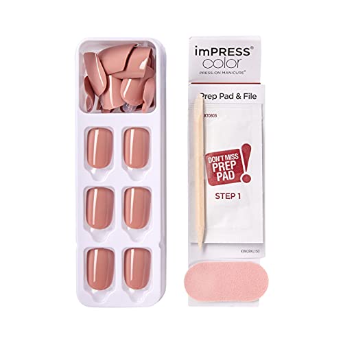 KISS imPRESS Color Press-On Nails, Gel Nail Kit, PureFit Technology, Short Length, Sandbox, Polish-Free Solid Color Manicure, Includes Prep Pad, Mini Nail File, Cuticle Stick, 30 Fake Nails