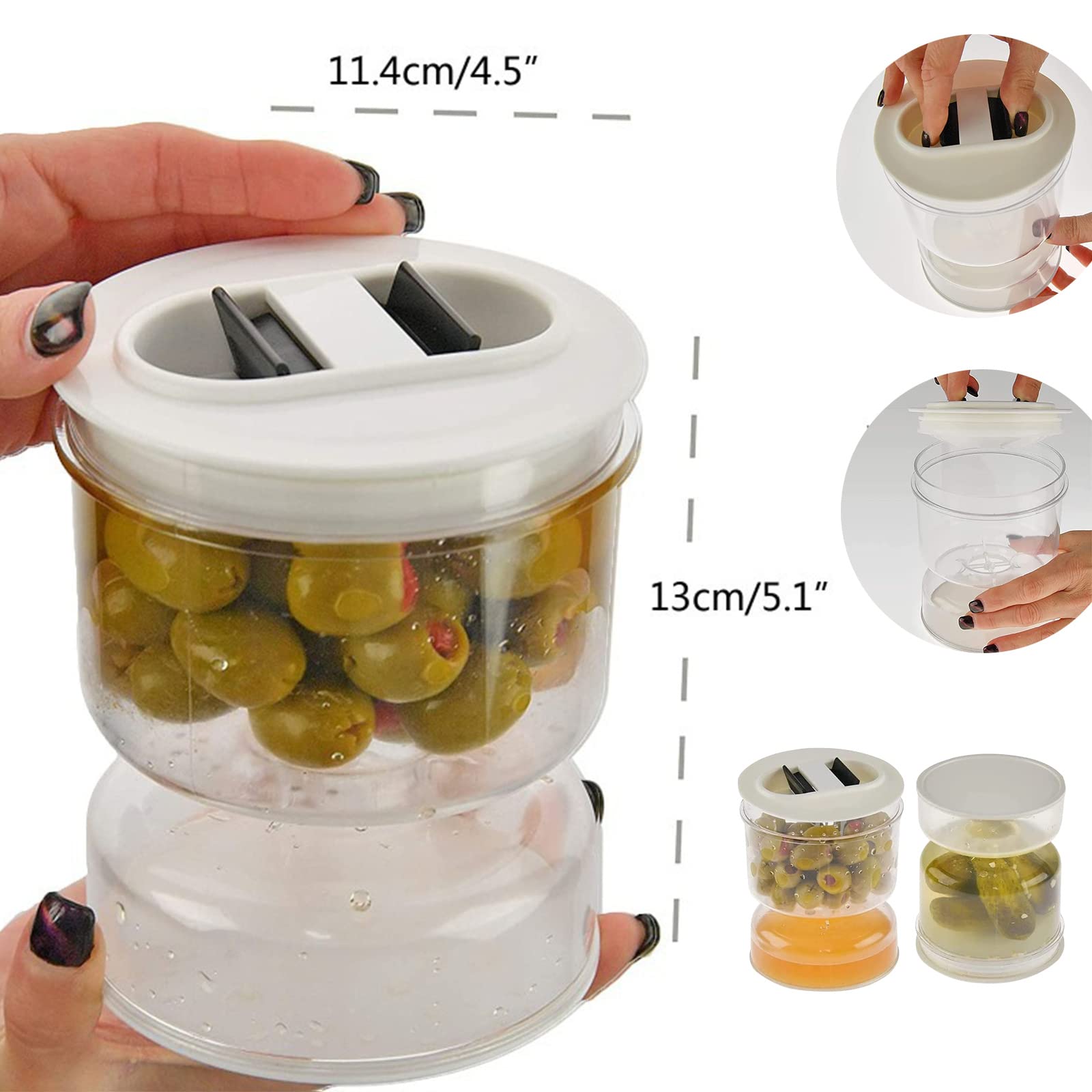 Pickle and Olives Jar Container With Strainer Flip Hourglass, Hourglass Jar Kimchi Jar Dry and Wet Separation Kitchen Pickled Cans Plastic Household Cylinder Fermentation Storage Tank(2PSC Brush)