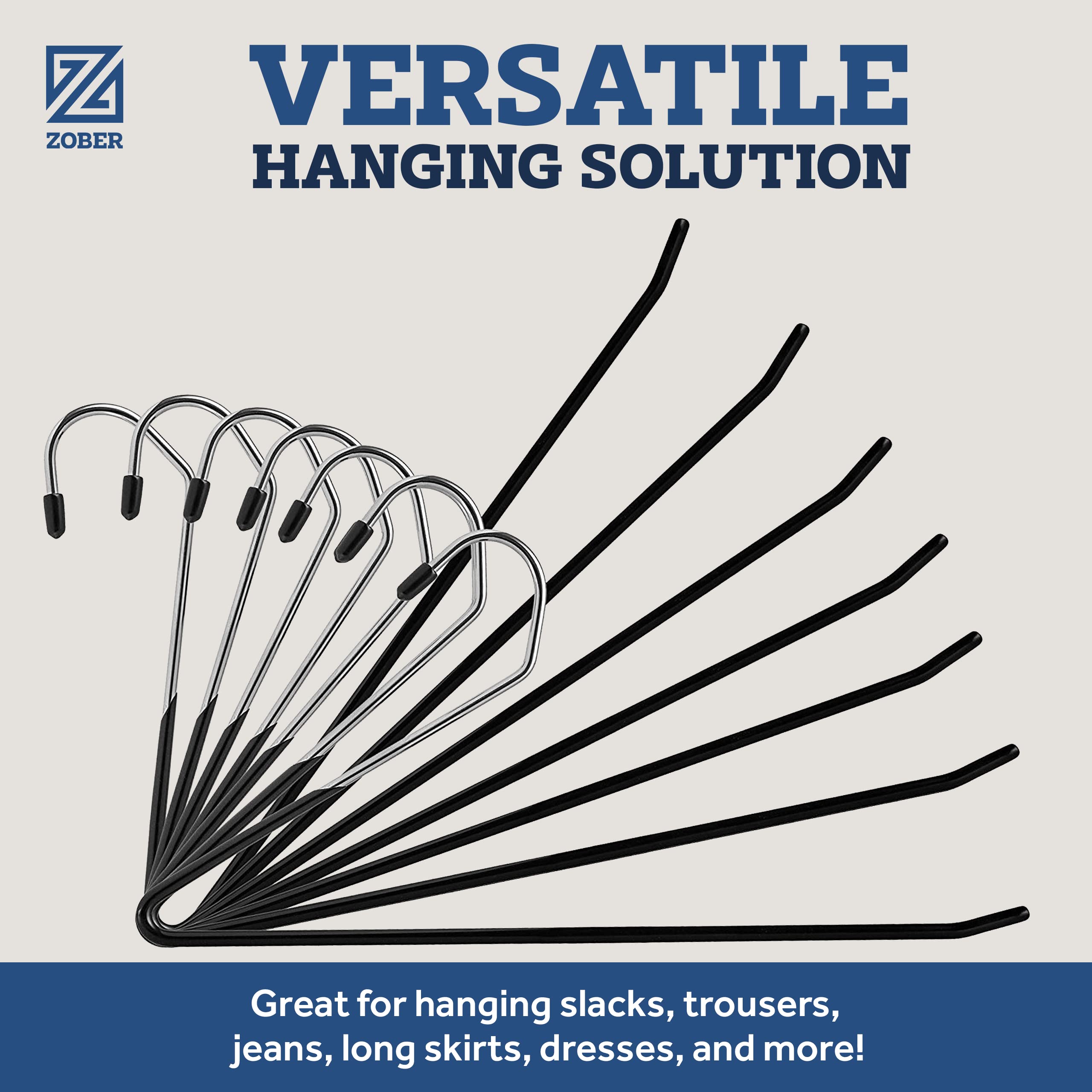 ZOBER Slack/Trousers Pants Hangers - 20 Pack - Strong and Durable Anti-Rust Chrome Metal Hangers, Non Slip Rubber Coating, Slim & Space Saving, Open Ended Design for Easy-Slide Pant, Jeans, Slacks Etc