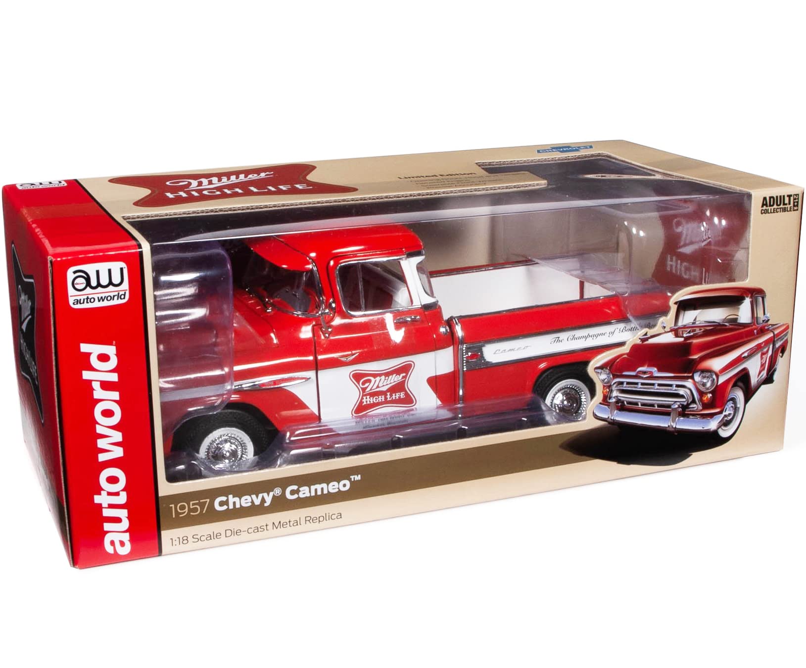 Auto World 1957 Chevy Cameo Pickup Truck Red and White 1/18 Diecast Model Car by Autoworld AW287