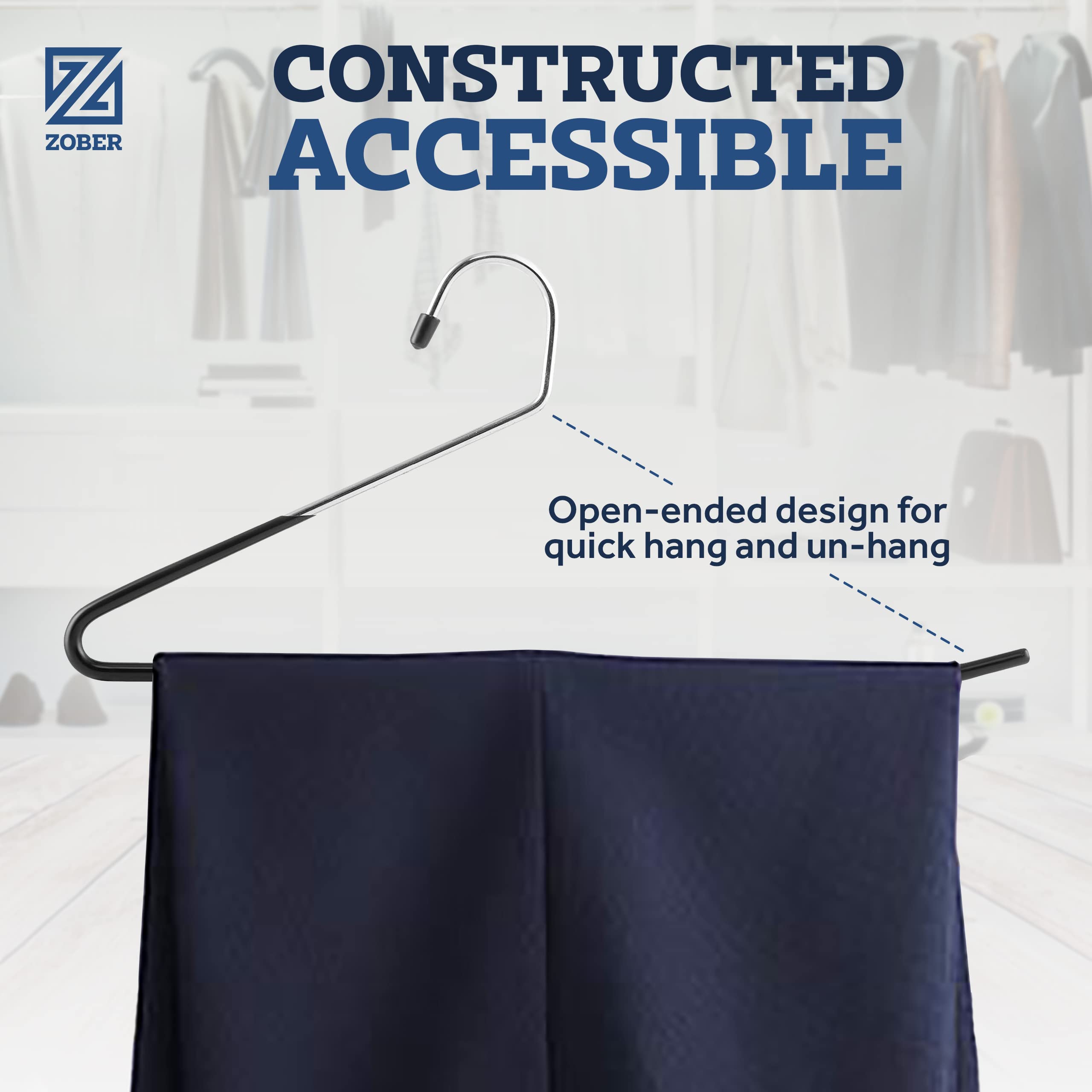 ZOBER Slack/Trousers Pants Hangers - 20 Pack - Strong and Durable Anti-Rust Chrome Metal Hangers, Non Slip Rubber Coating, Slim & Space Saving, Open Ended Design for Easy-Slide Pant, Jeans, Slacks Etc