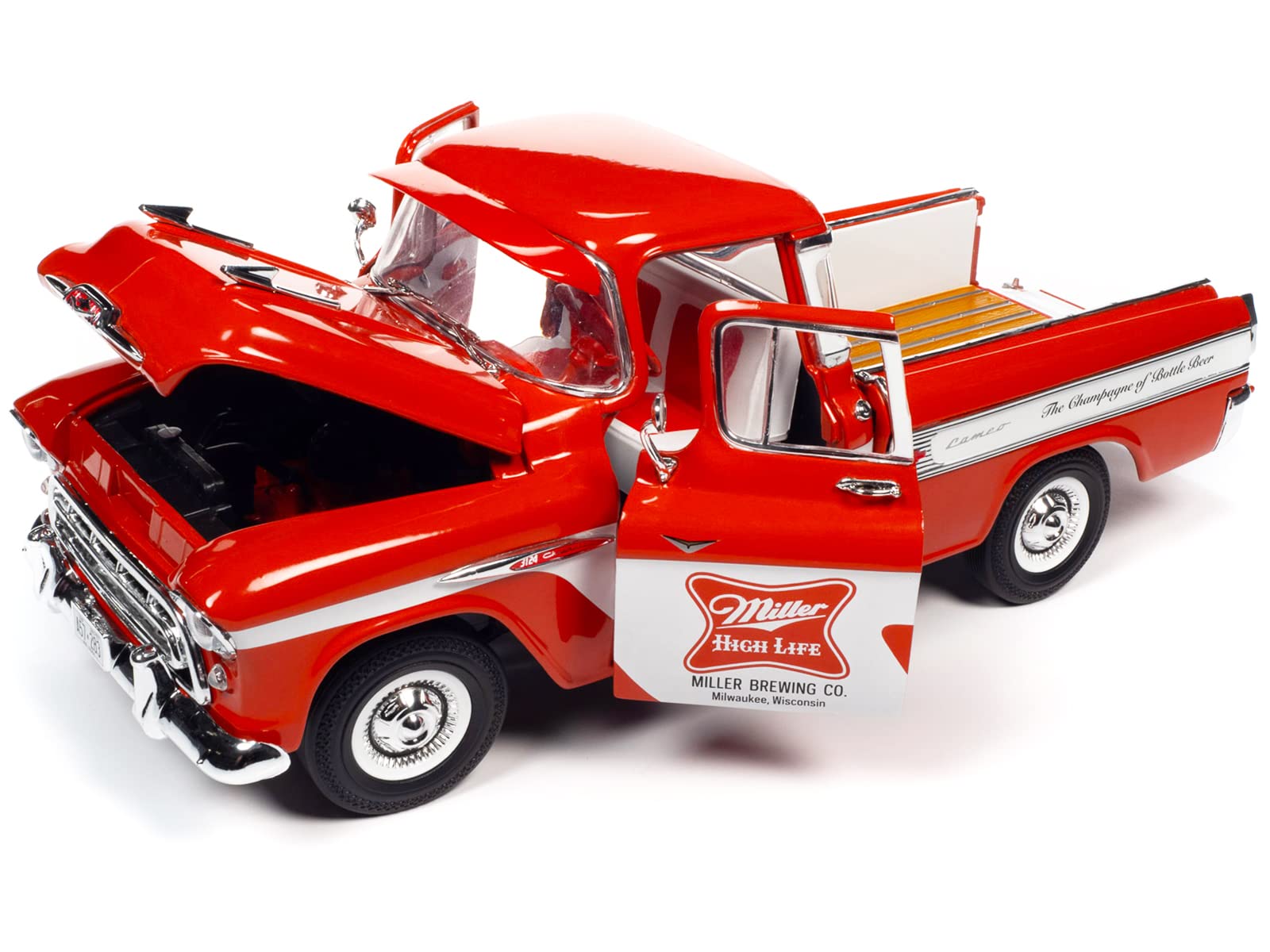 Auto World 1957 Chevy Cameo Pickup Truck Red and White 1/18 Diecast Model Car by Autoworld AW287