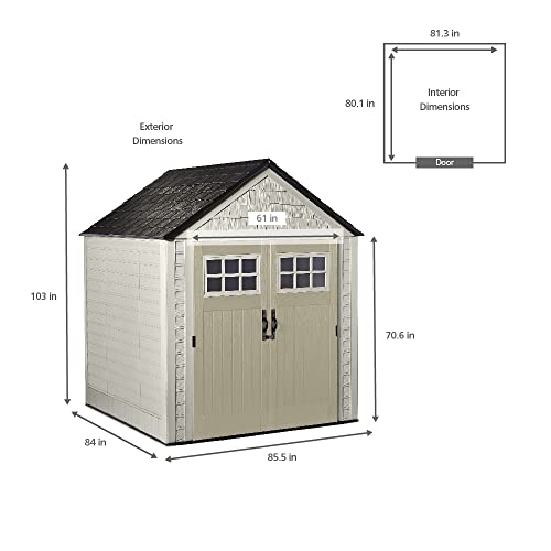 Rubbermaid Resin Weather Resistant Outdoor Storage Shed, 7 x 7 ft. , Faint Maple/Onyx/Sandstone, for Garden/Backyard/Home/Pool