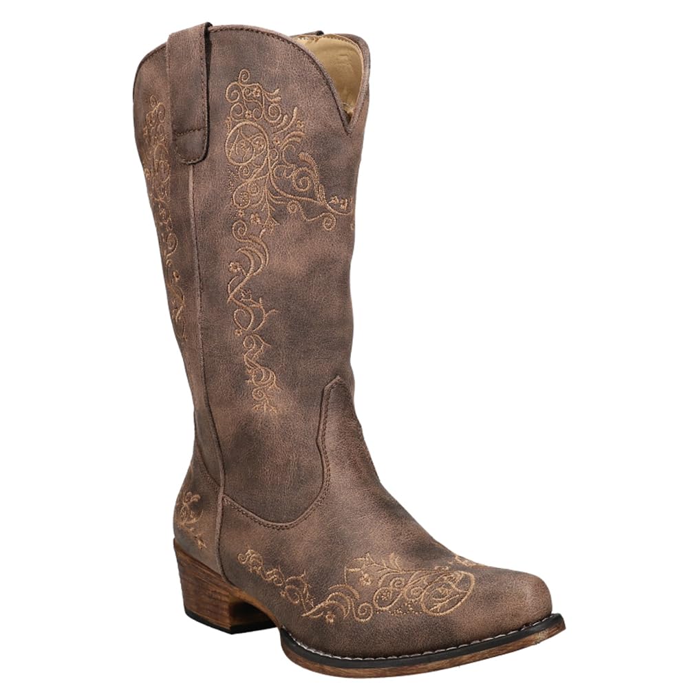 ROPER Womens Riley Scroll Embroidery Snip Toe Casual Boots Mid Calf Low Heel 1-2" - Brown - Size 7 M