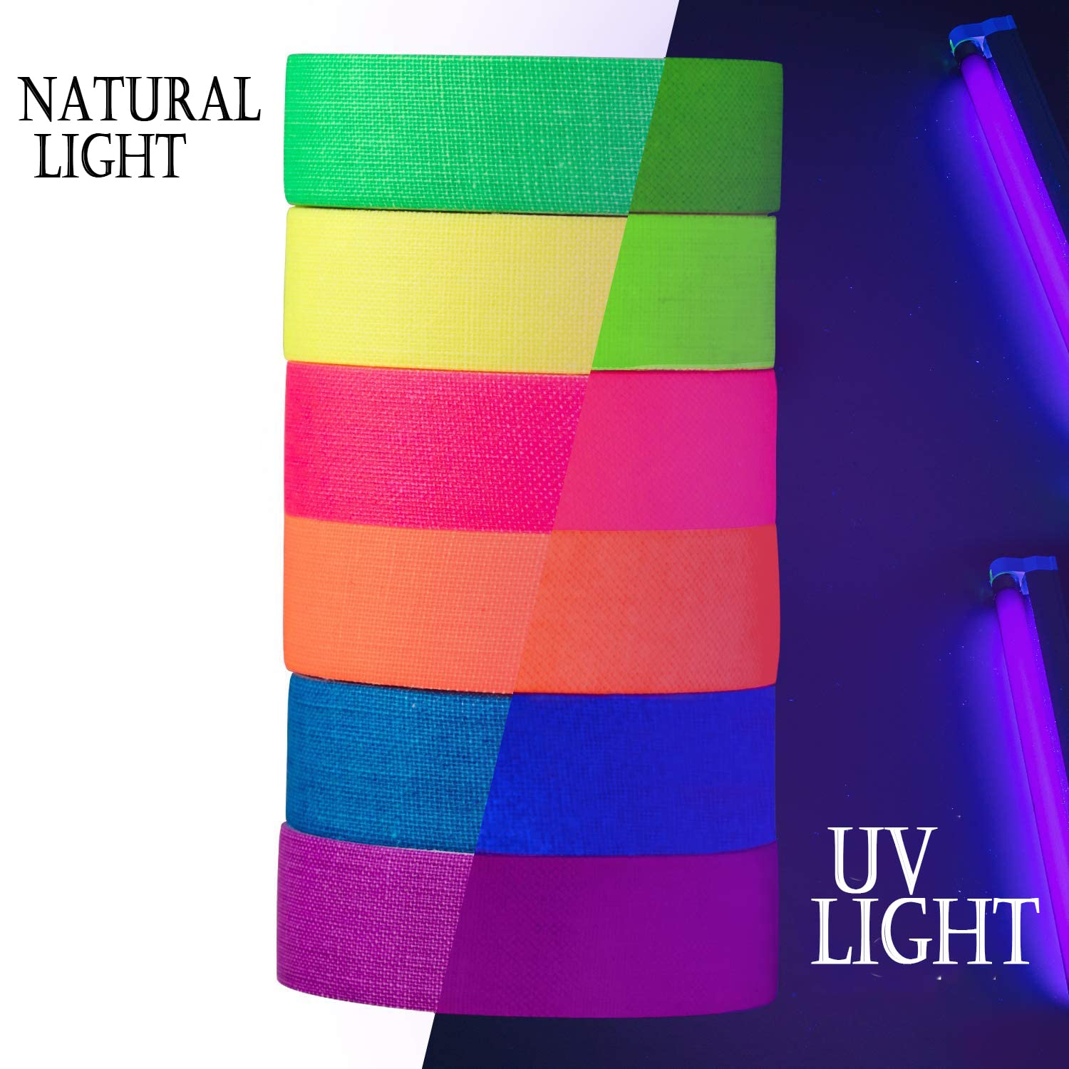 JSITON 6 Colors Neon Gaffer Cloth Tape,Adhesive Black Light Tape Sets,Fluorescent UV Blacklight Glow in The Dark Tape for UV Party (0.6 inch x 16.5 feet x 6 Rolls)