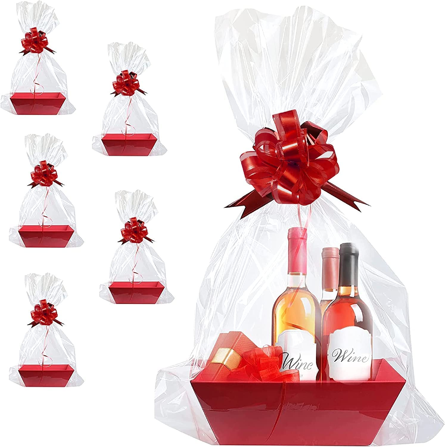 Upper Midland Products [5PK Large Red Baskets For Gifts Empty To Fill| Bulk Gift Basket Kit- 10x12ā Big Red Basket | 5 Cellophane Bags | 5 Pack Red Pull Bows